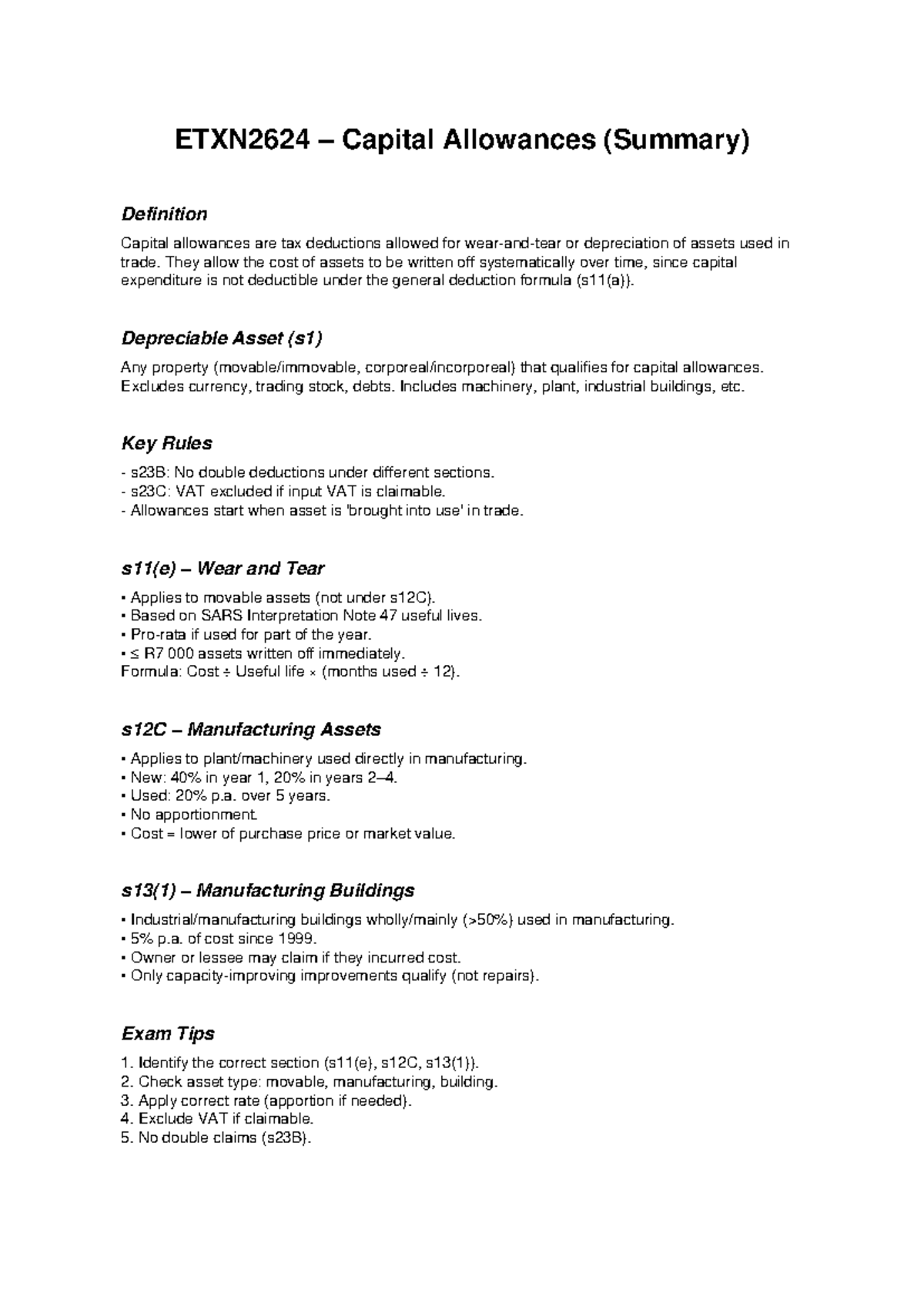 ETXN2624 Capital Allowances Summary and Key Rules - Studocu