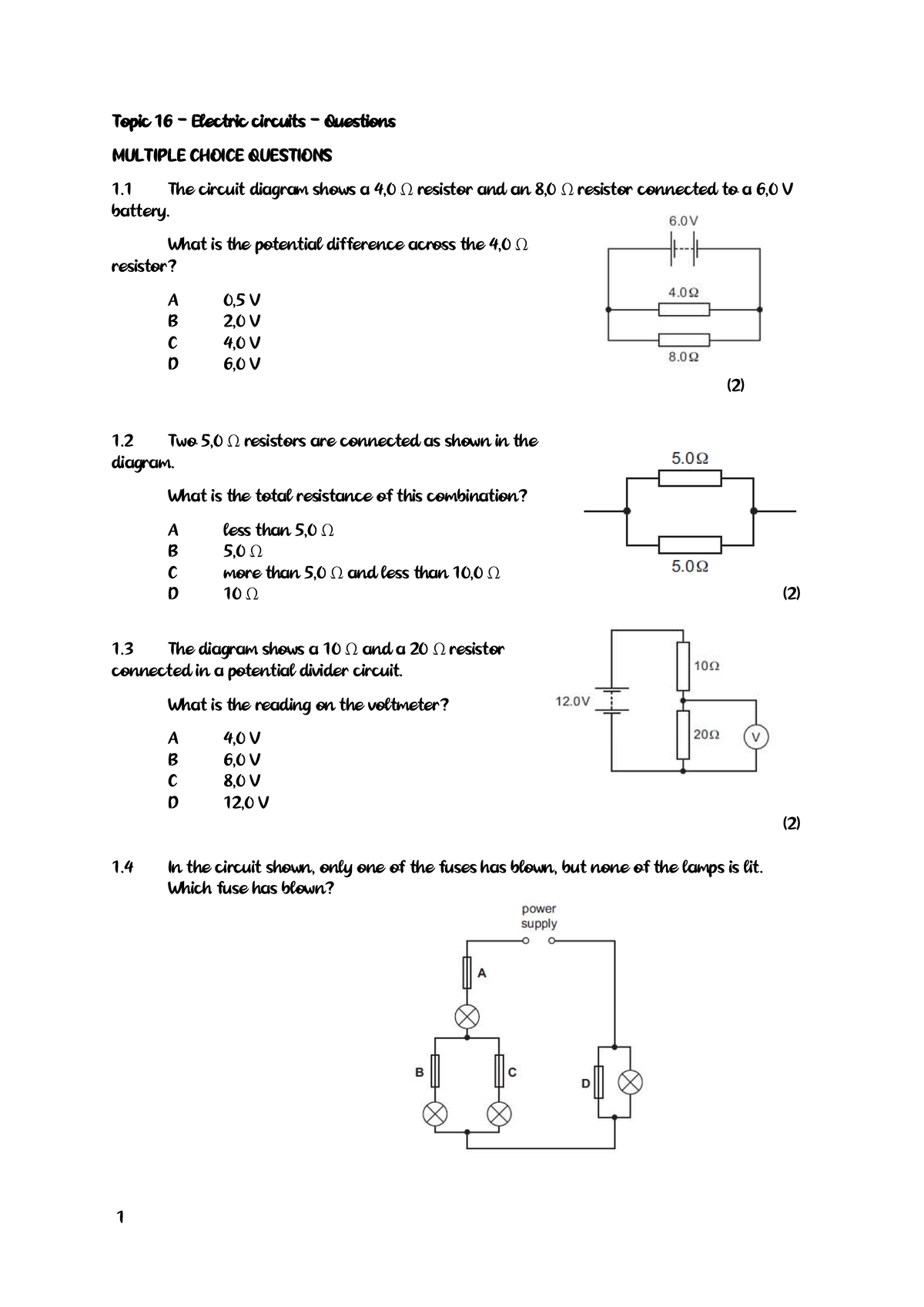 Topic TEST Electricity: Multiple Choice Questions on Electric Circuits ...