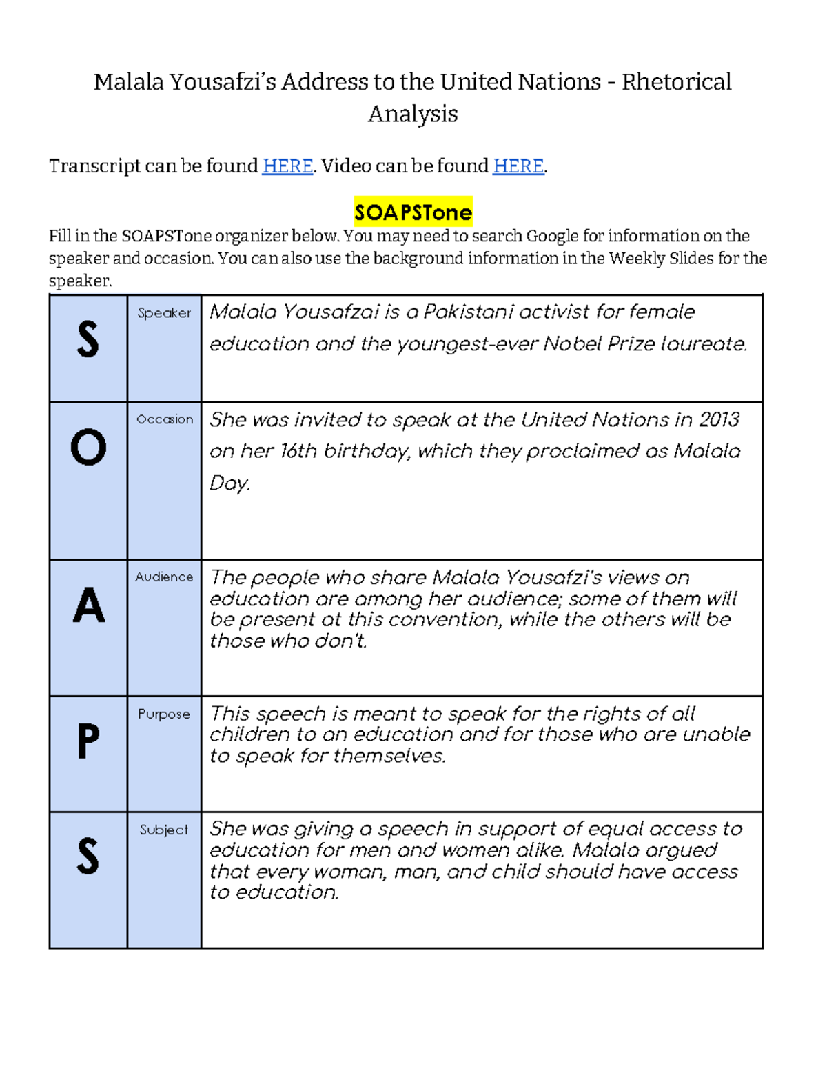 Rhetorical Analysis of Malala Yousafzai's UN Address: ED 101 Notes ...