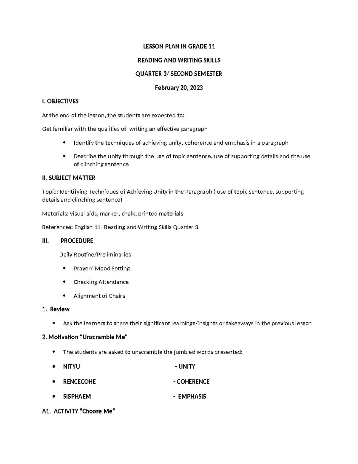 Grade 11 Lesson Plan: Writing Effective Paragraphs & Techniques - Studocu