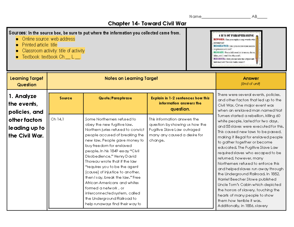 Learning Targets for Chapter 14: Toward Civil War (History 101) - Name