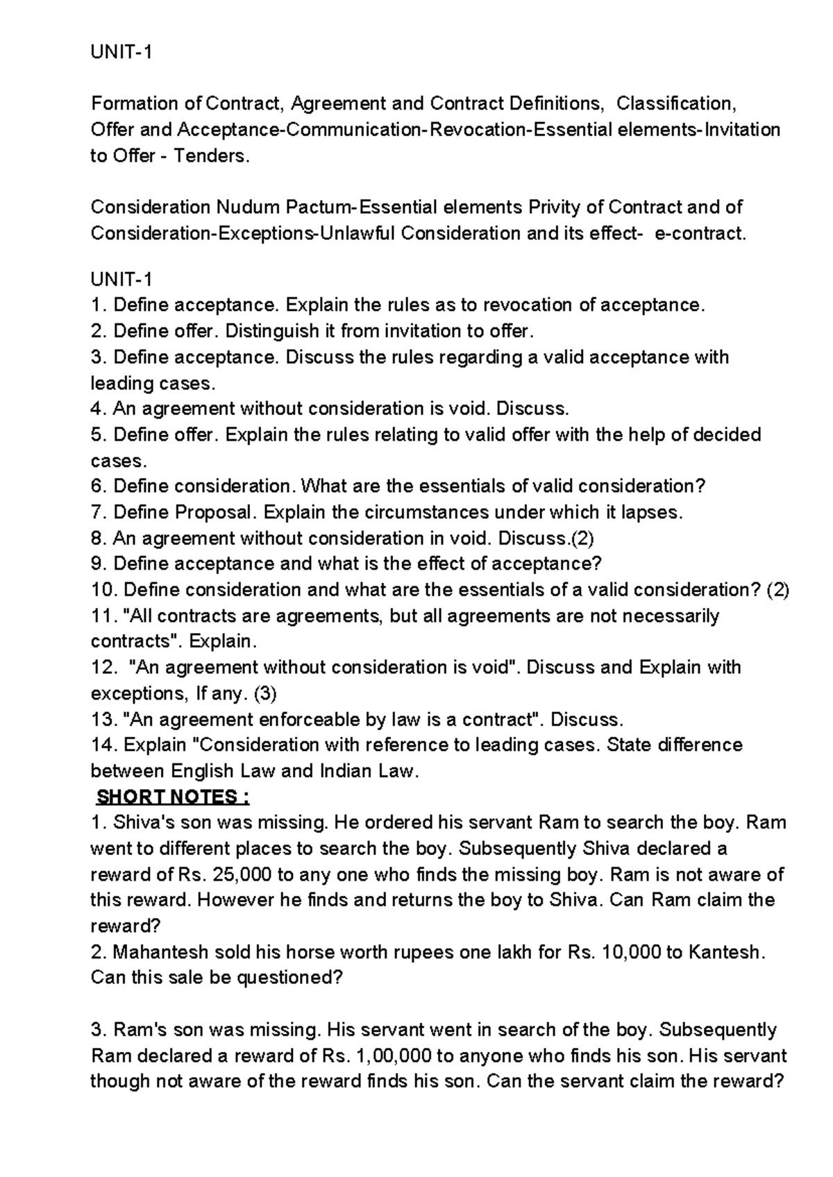 Unit 1 - Chapter 2: Formation of Contract, Offer, Acceptance ...