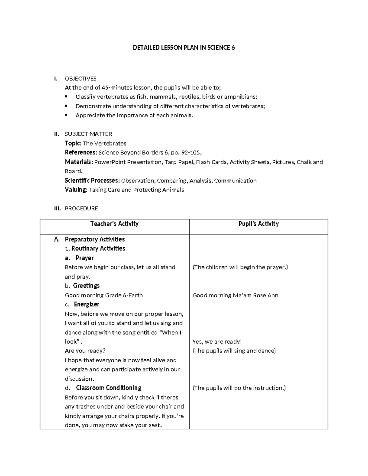 Detailed Lesson Plan: Science 6 - Vertebrates Overview - Studocu
