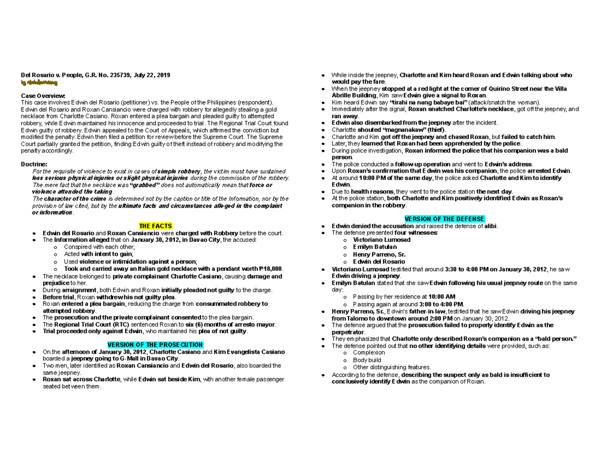 Del Rosario v. People, G.R. No. 235739: Case Analysis on Robbery vs ...