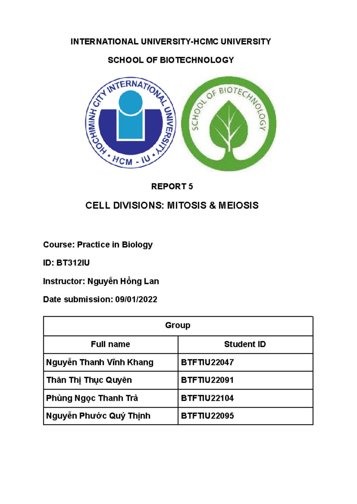 BIO Report 5 - 2022 Do - INTERNATIONAL UNIVERSITY-HCMC UNIVERSITY ...