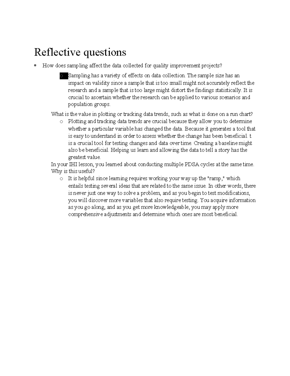 IHI 103 - QI module 3 - Reflective questions How does sampling affect ...