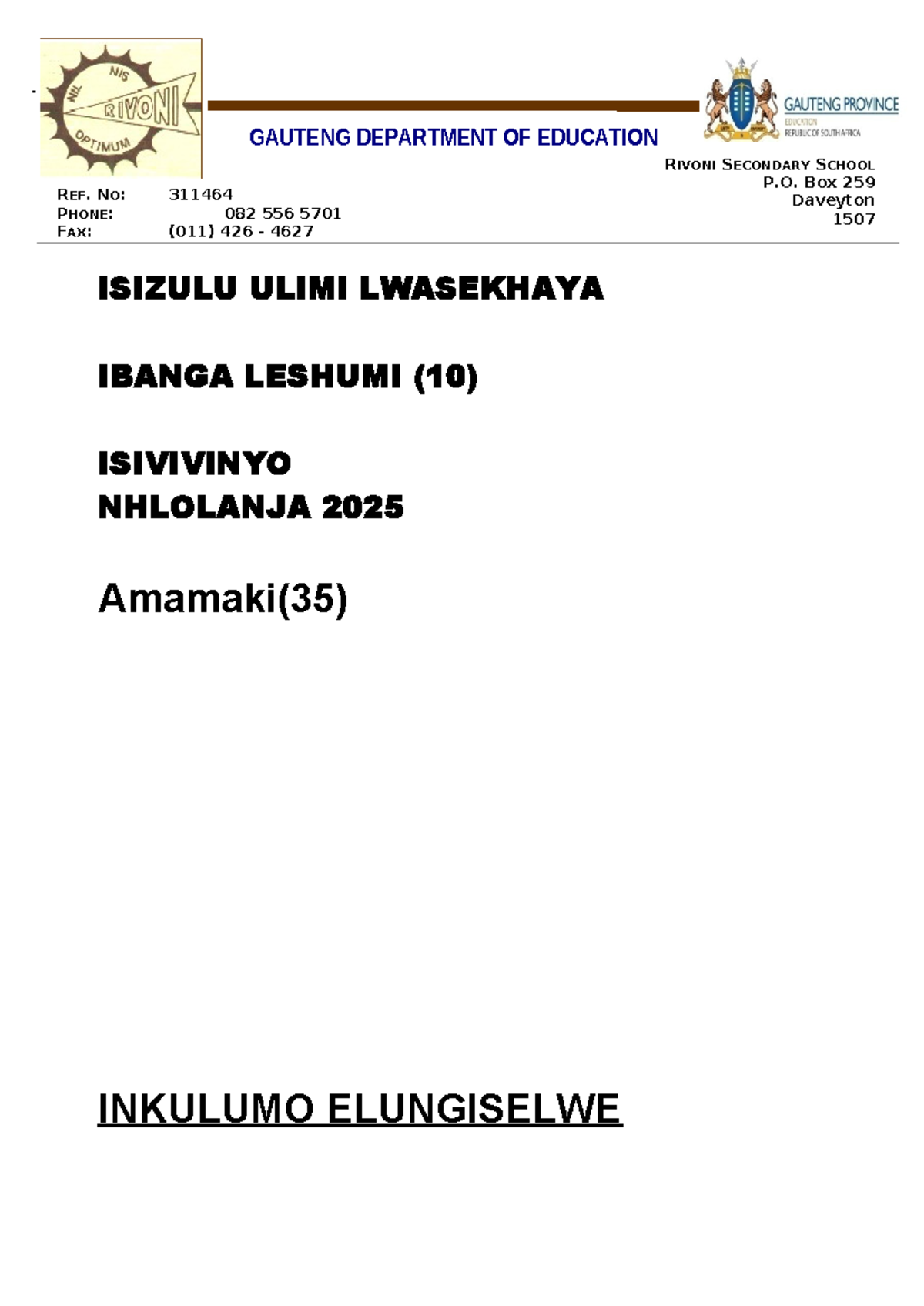 Letterhead - African languages notes - AFL1502 - . ISIZULU ULIMI ...