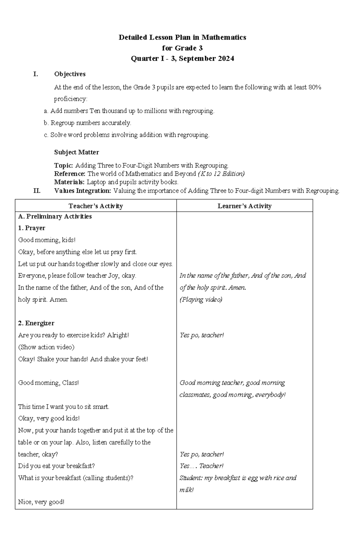 Detailed Lesson Plan: Math 3 - Adding Numbers with Regrouping - Studocu