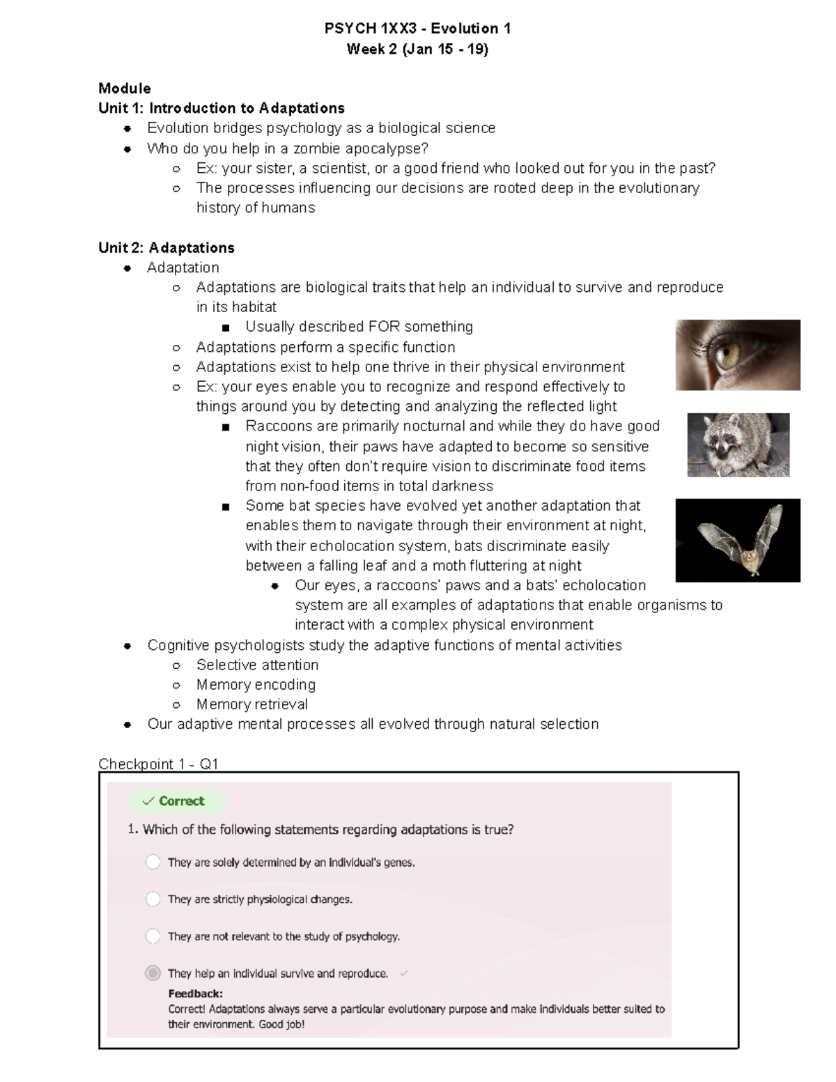 PSYCH 1XX3 - Evolution 1: Detailed Notes on Key Concepts and ...