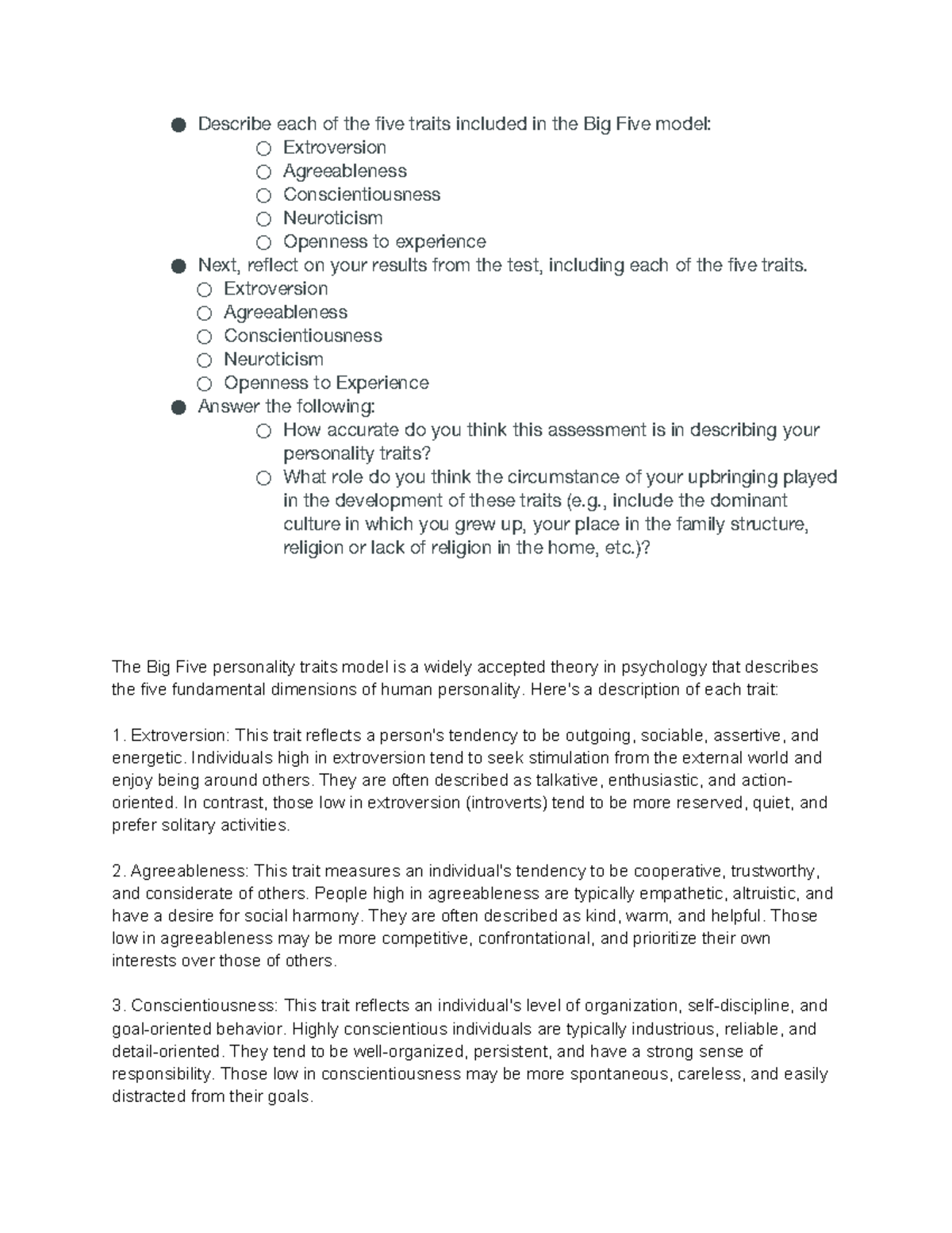 PSY 615 Week 2 Journal: Reflection on the Big Five Personality Traits ...