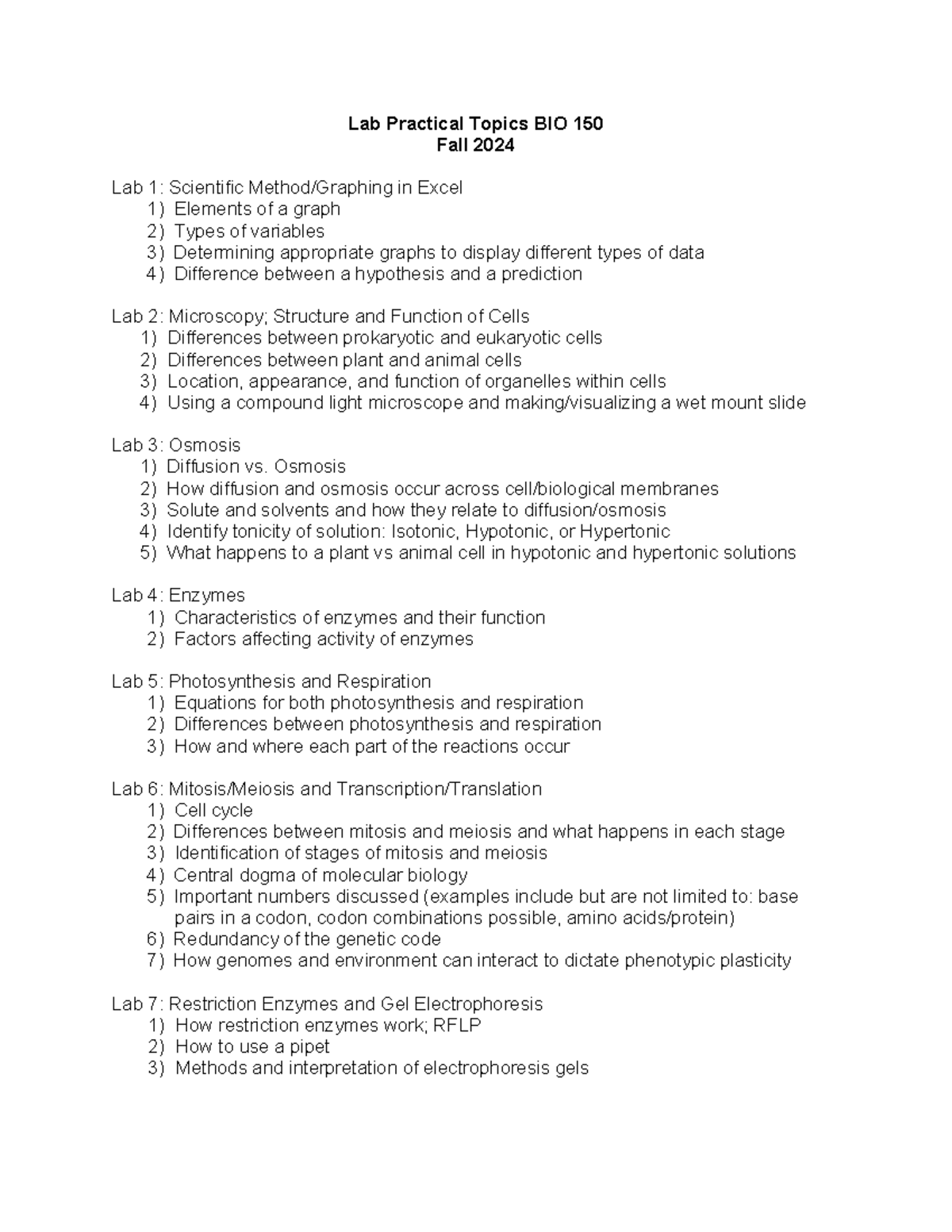 Lab Practical Topics for BIO 150 - Fall 2024: Key Concepts and ...