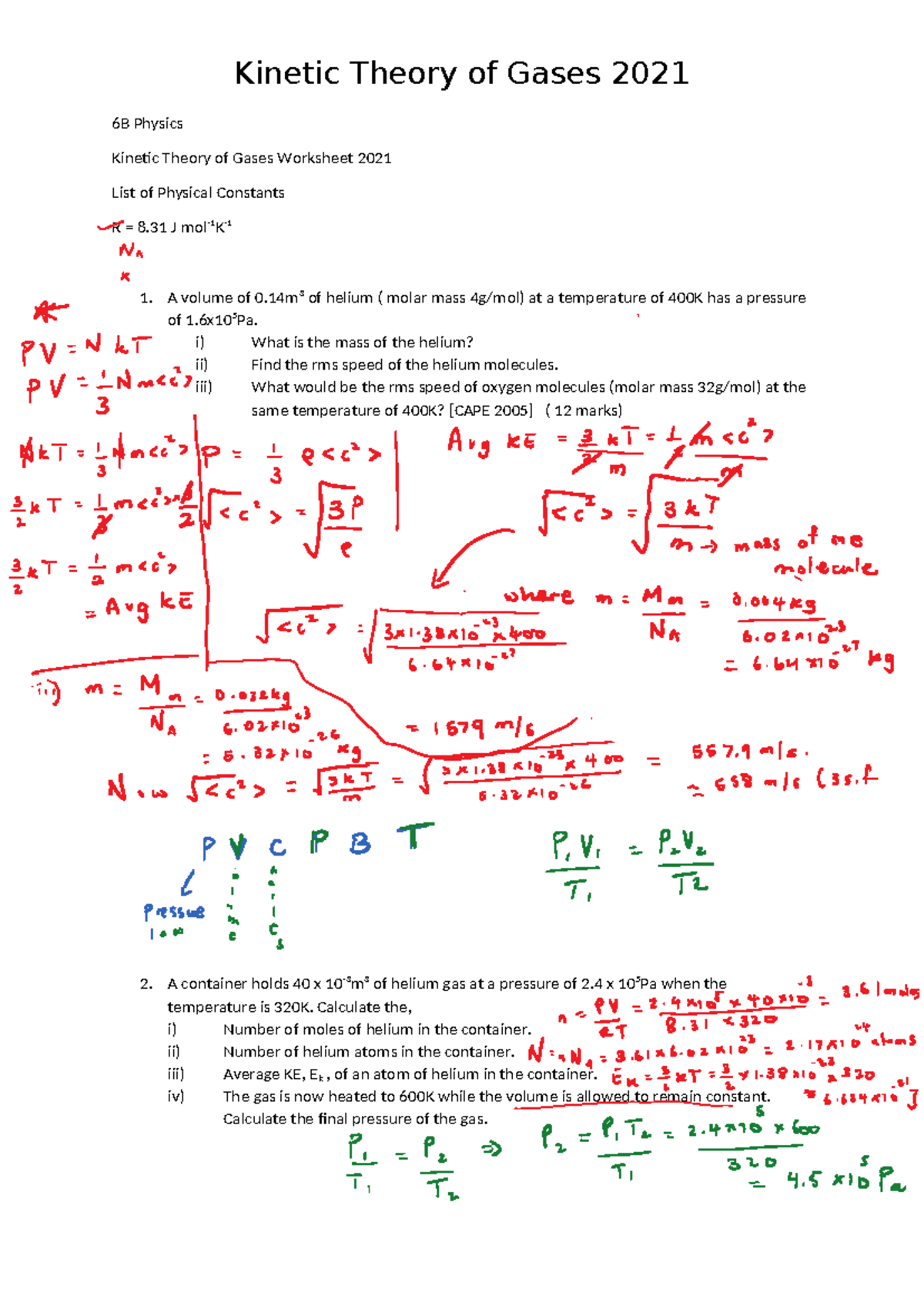Kinetic Theory of Gases Worksheet 2021 - Solutions & Practice Problems ...