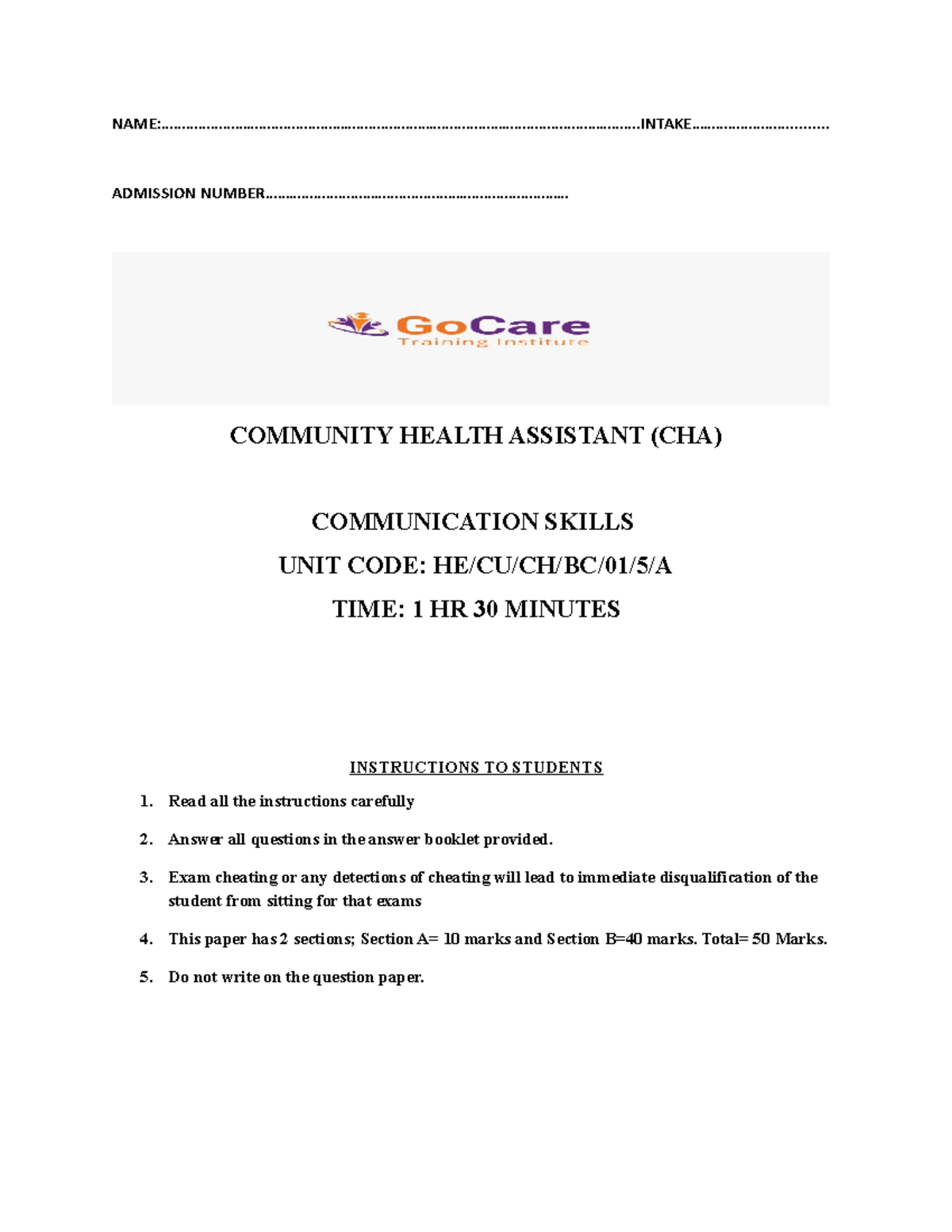 Level 4 Community Health Assistant Exam - Communication Skills - Studocu