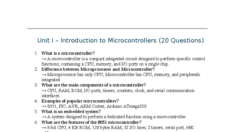 MCA - Microcontroller Unit I to V Study Guide (100 Questions) - Studocu