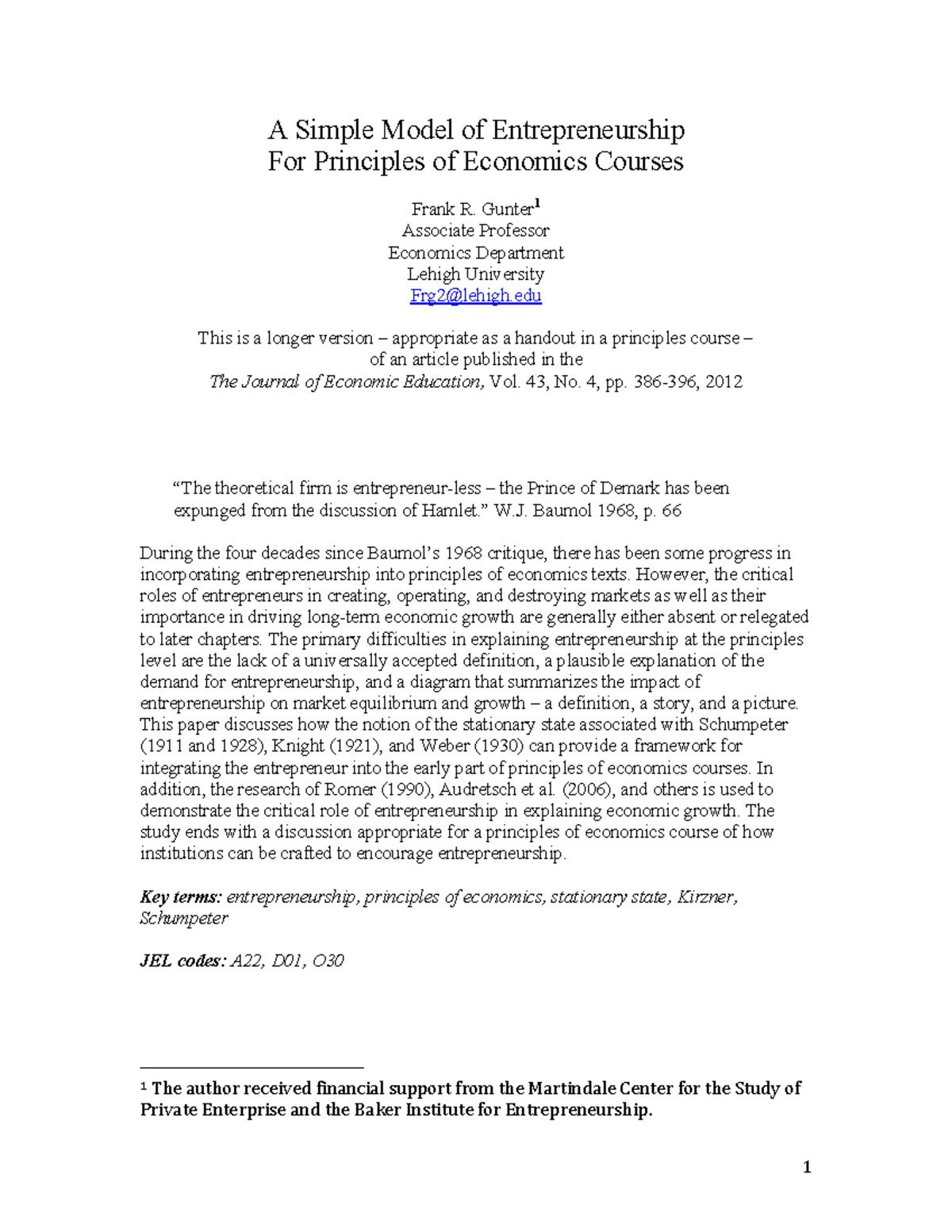 A Simple Model of Entrepreneurship for Principles of Economics (ECO 101 ...