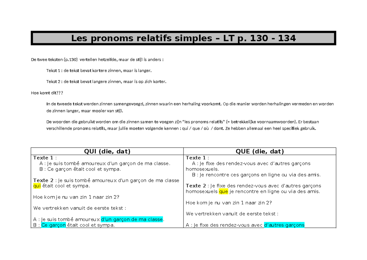 Les pronoms relatifs simples - Explication et exemples (LT p. 130-134 ...