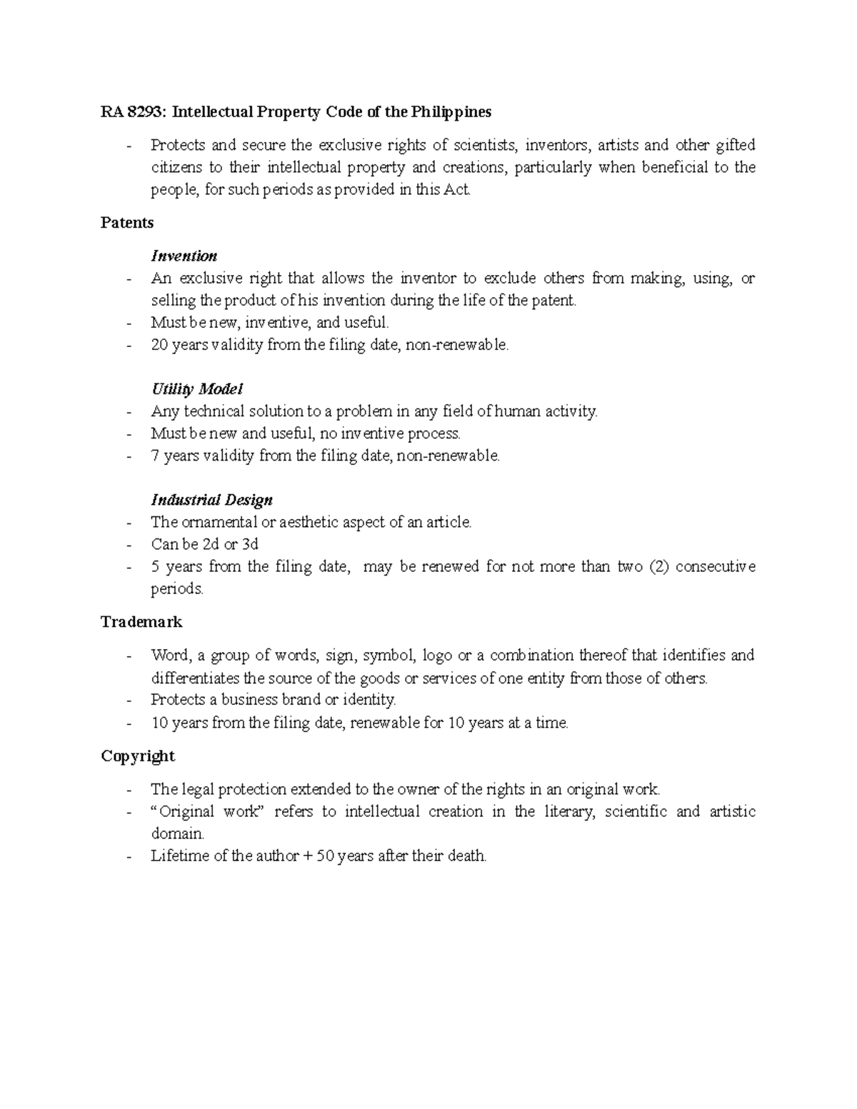 IP LAW - Summary of RA 8293: Intellectual Property Code Insights - Studocu