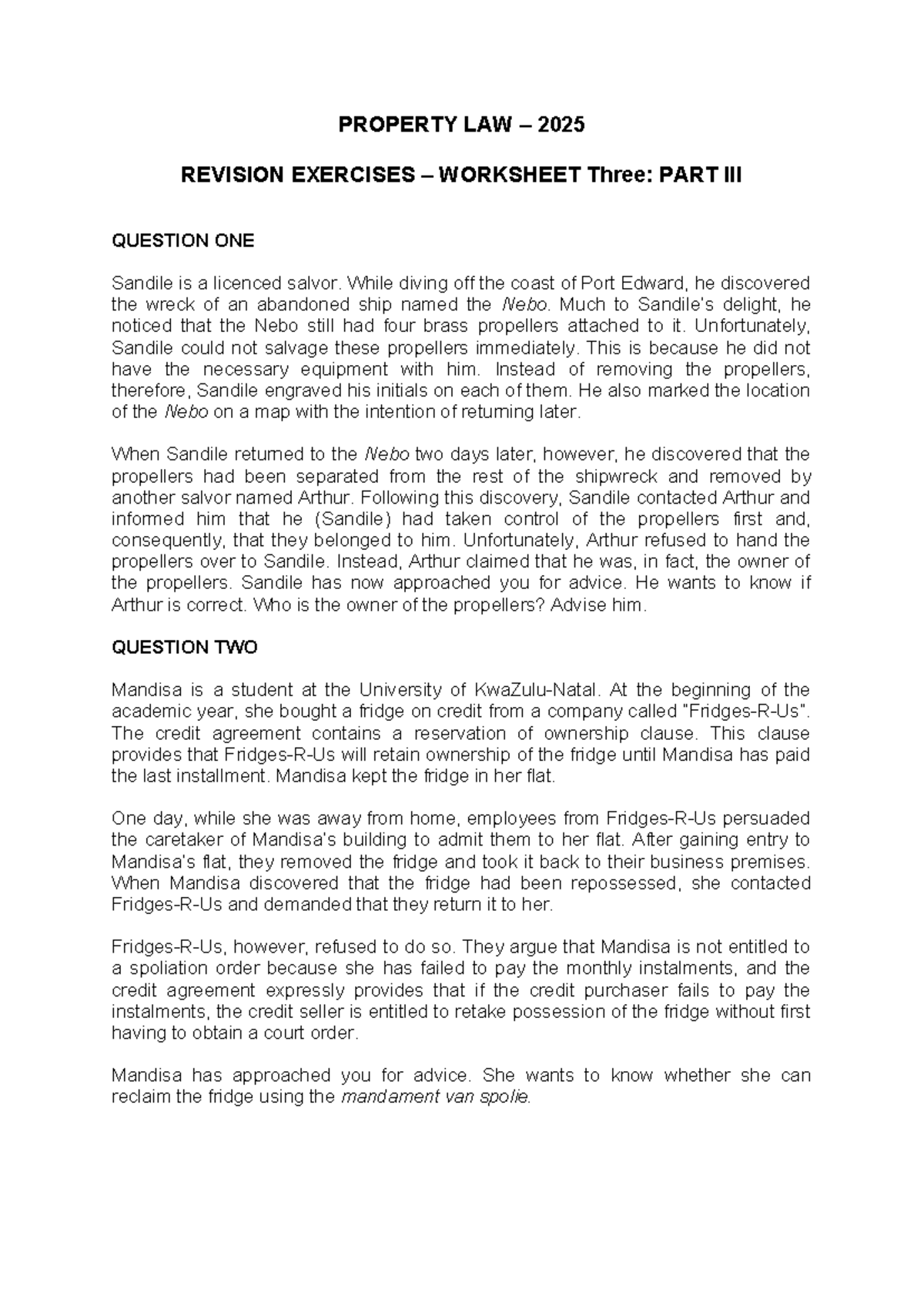 PROPERTY LAW 2025 REVISION EXERCISES WORKSHEET 3 PART III - Studocu