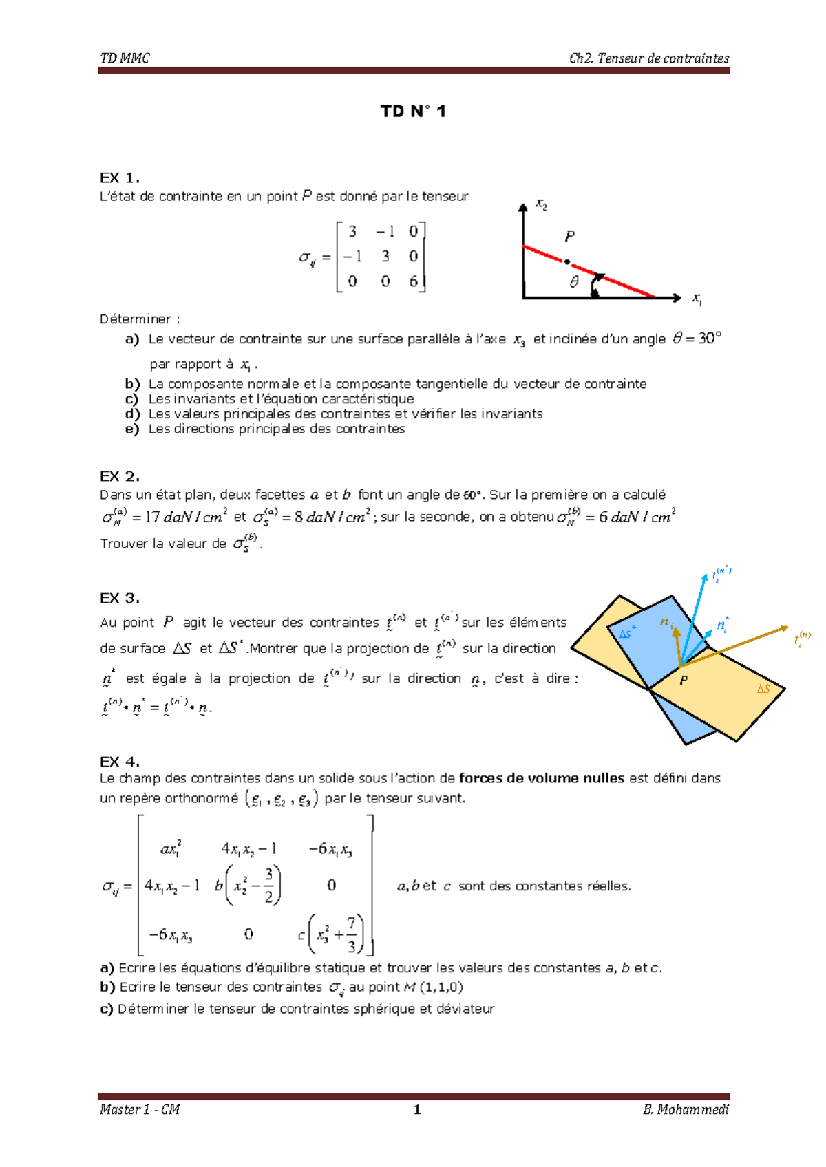 TD1 M1CM 22-23: Tenseur de Contraintes - Exemples et Exercices - Studocu