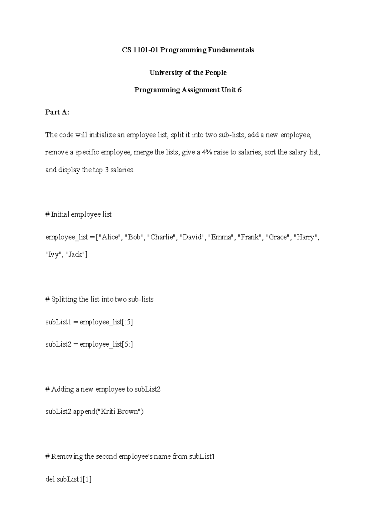 CS 1101-01 Programming Assignment 6: Employee List Management - Studocu