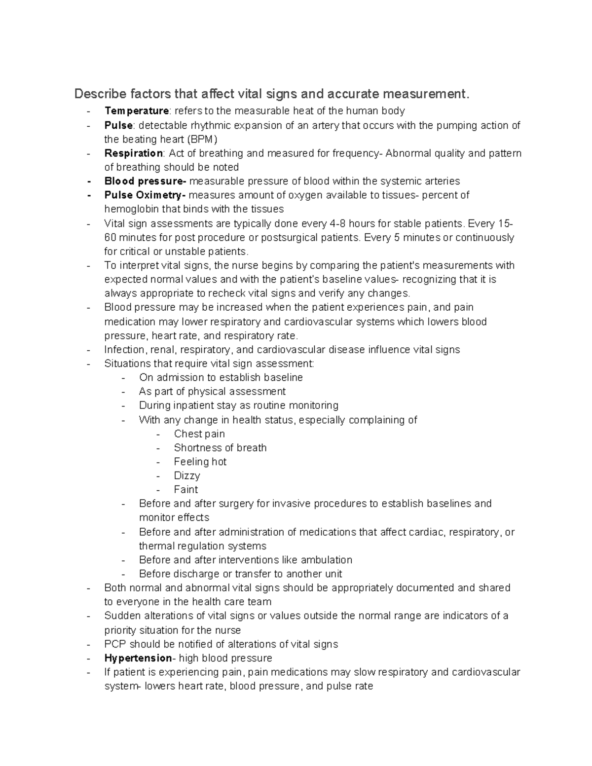 Vital Signs Study Guide (Nursing 101): Key Measurements & Factors - Studocu