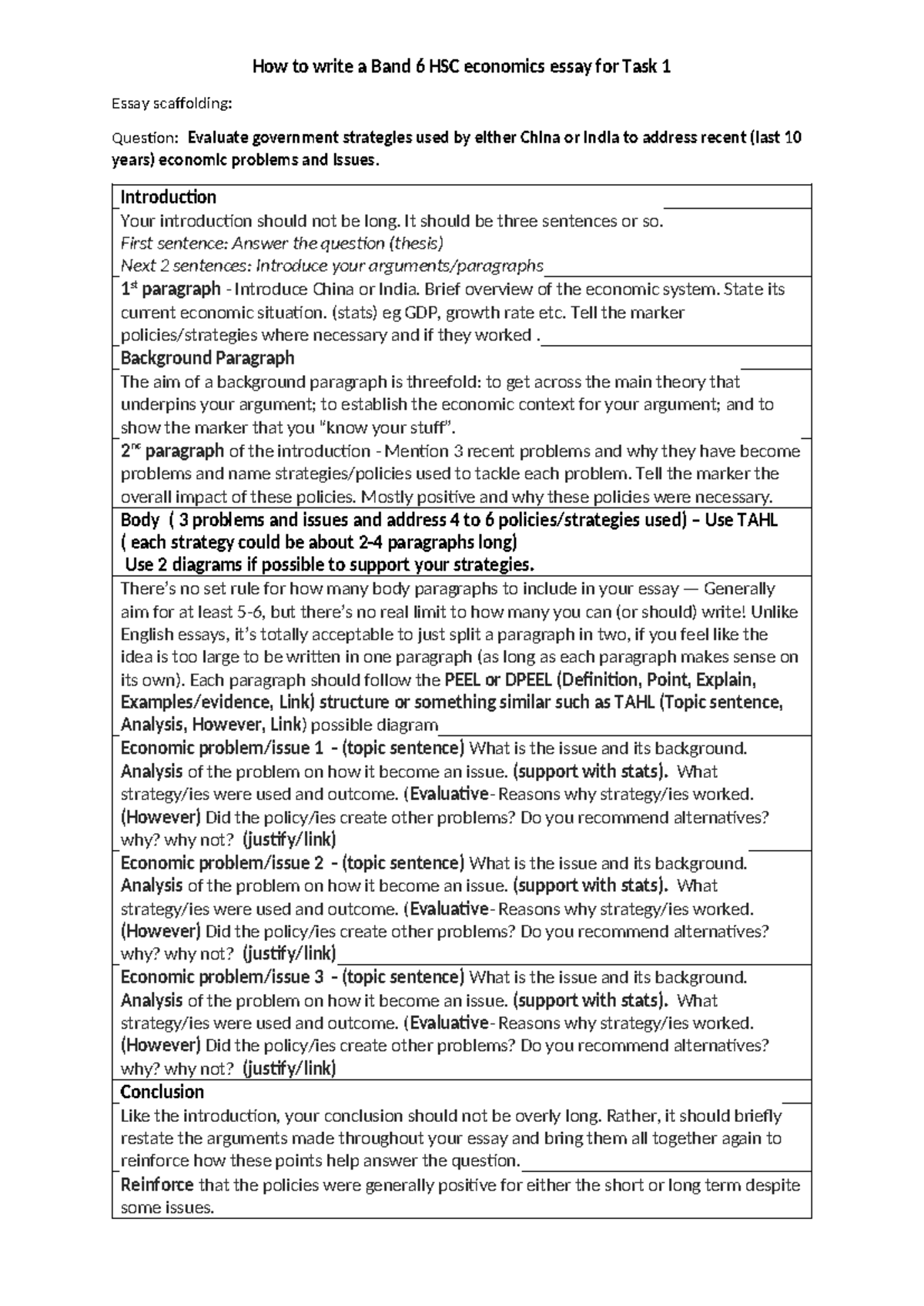 HSC Economics Task 1 Essay Scaffold: Evaluating China/India Strategies ...
