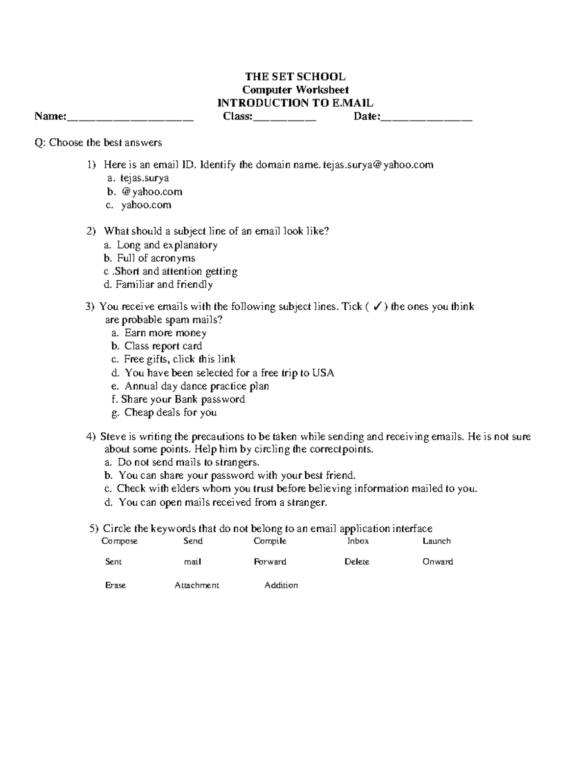 Email Worksheet - Intro to E-Mail: Concepts & Applications - Studocu