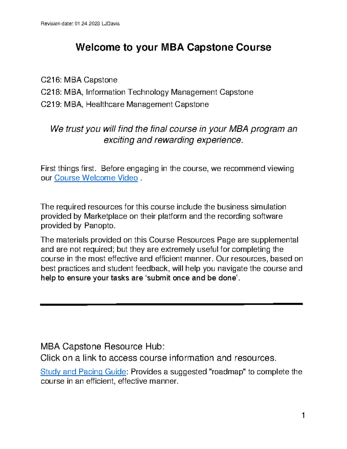 MBA Capstone C216 C218 C219 Course Resources and Guidance - Studocu