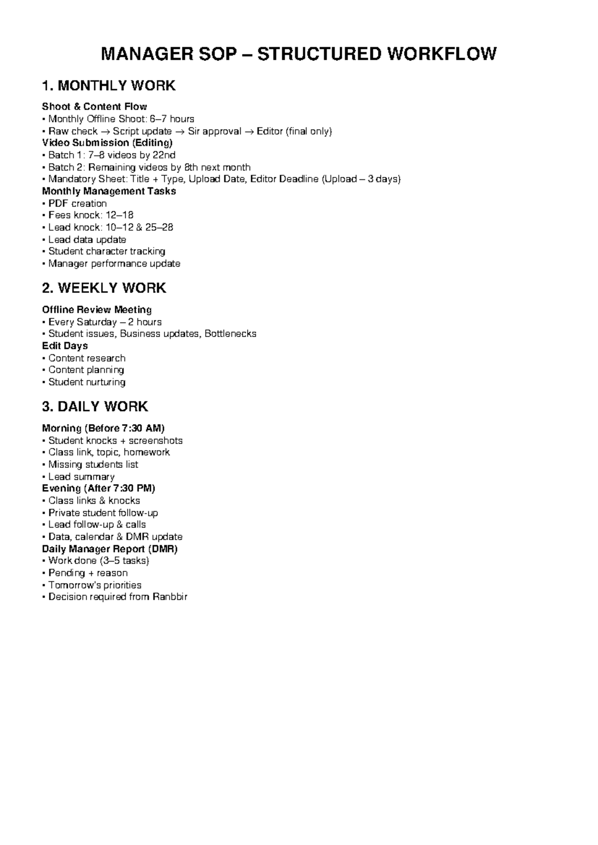 Manager SOP: Structured Workflow for Monthly, Weekly, and Daily Tasks ...