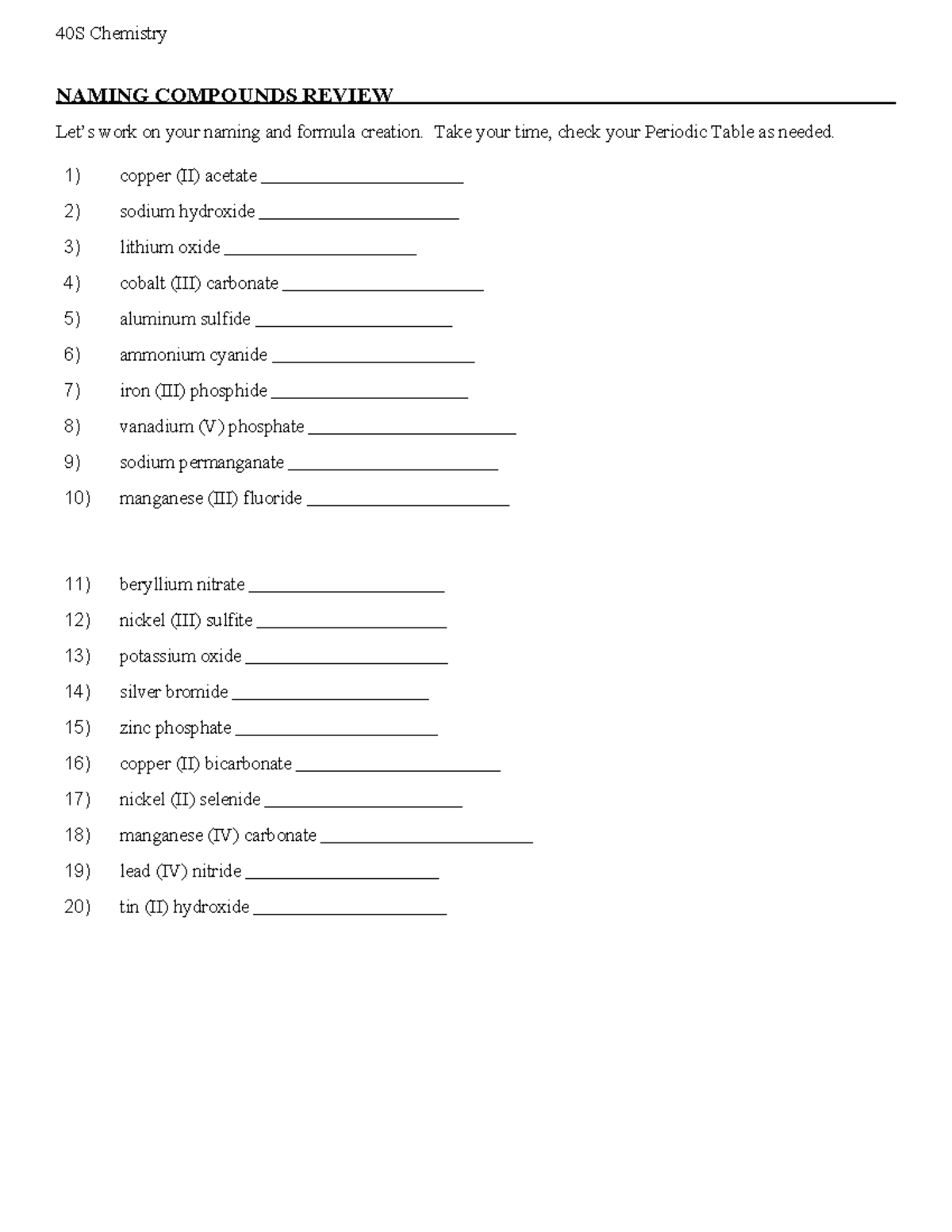 40S Chemistry Naming Compounds Review and Practice - Studocu