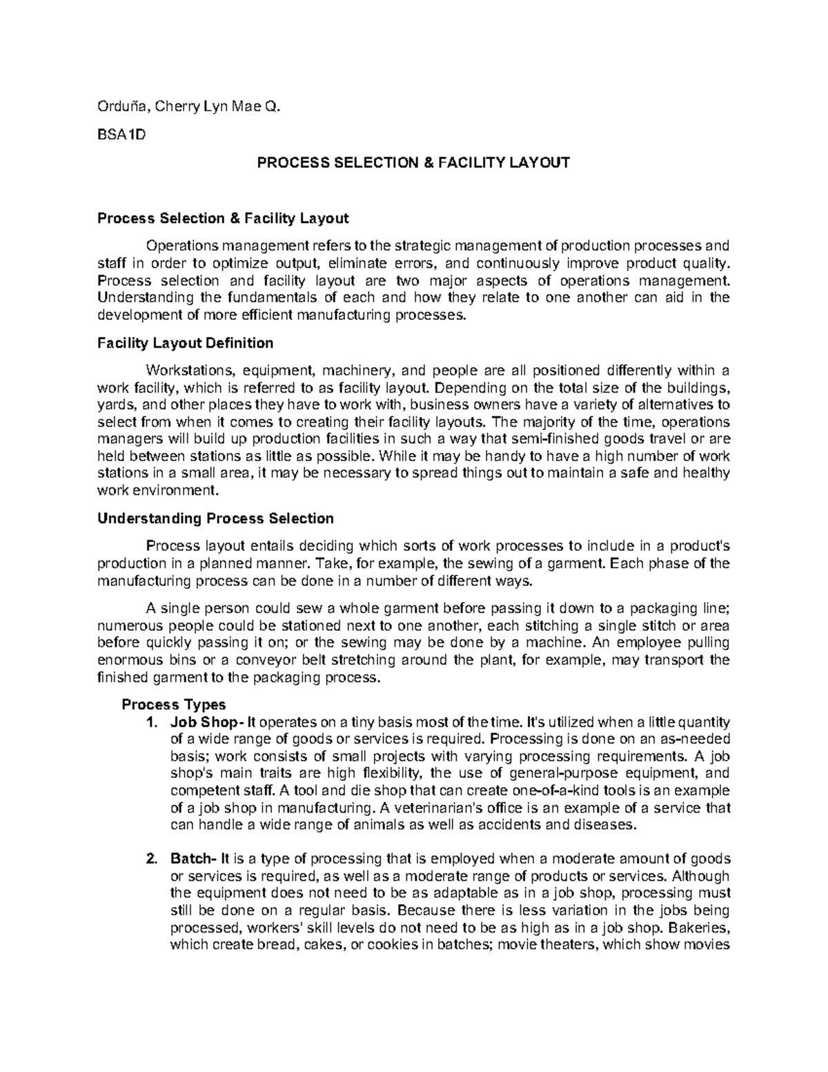 BSA_2205: Operations Management and TQM: Process Selection & Facility Layout - Orduña, Cherry ...