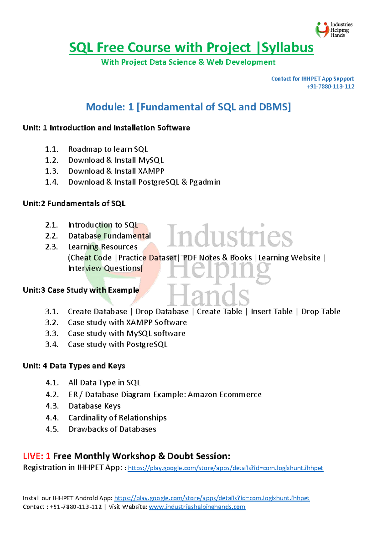 Industries Helping Hands SQL Syllabus: Comprehensive Course Overview - Studocu