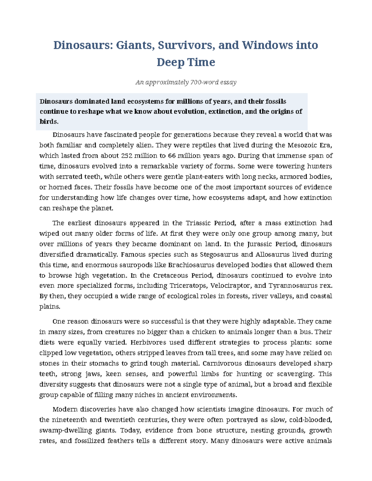 Dinosaur Evolution: Giants and Adaptations in Deep Time Essay - Studocu