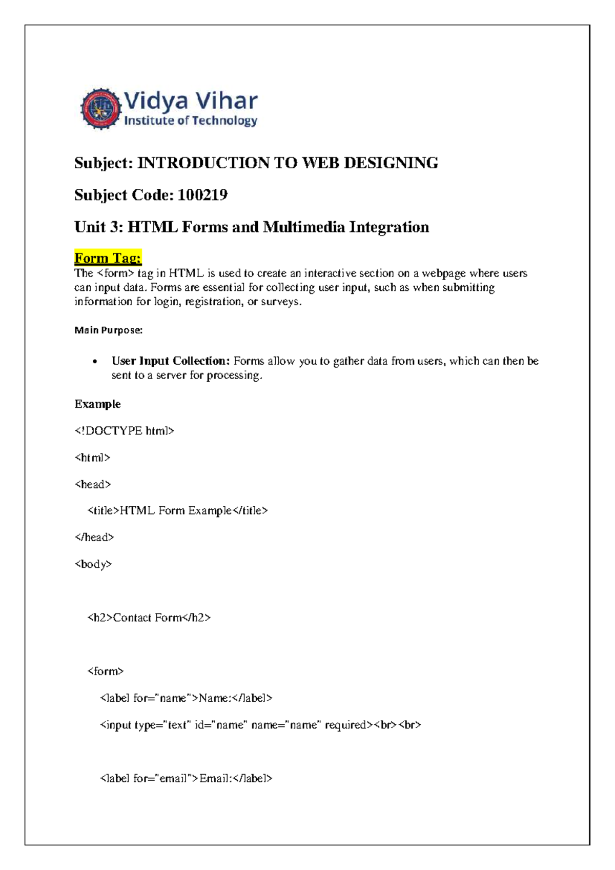 Unit 3: HTML Forms & Multimedia Integration - Intro to Web Design ...