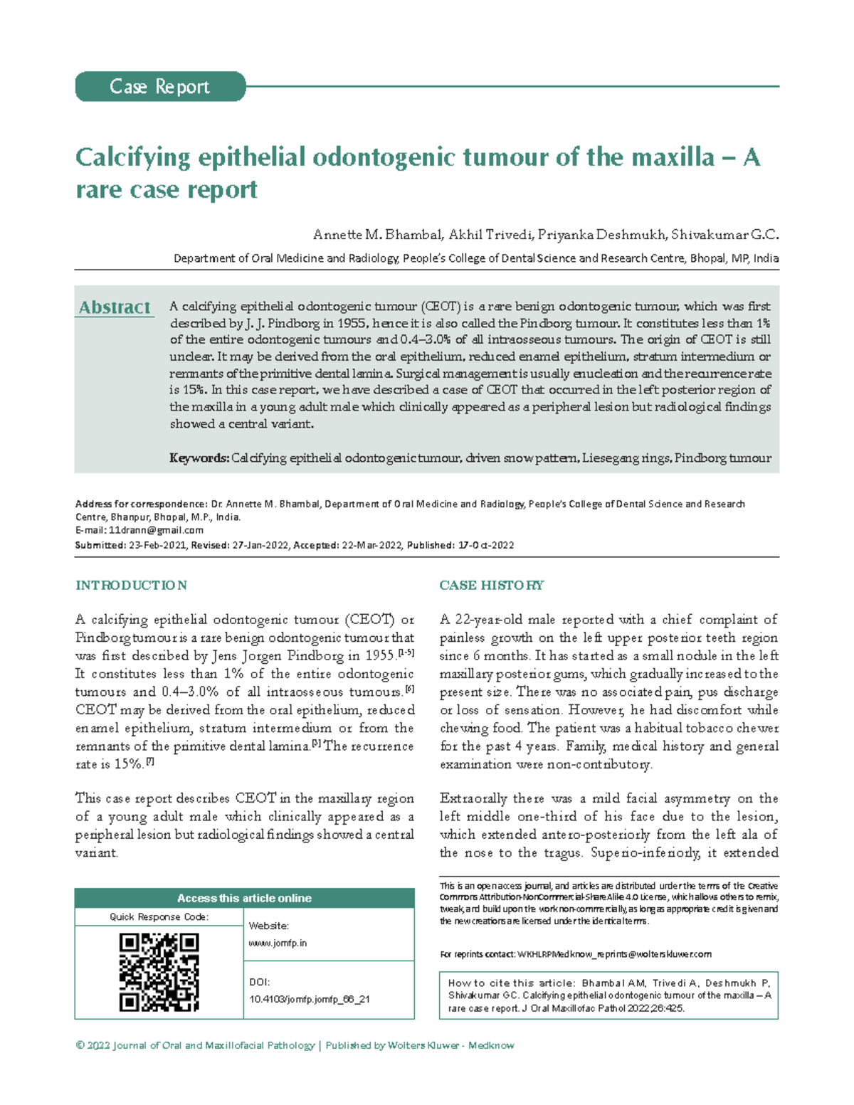 Case Study: Calcifying Epithelial Odontogenic Tumour (CEOT) in Maxilla ...
