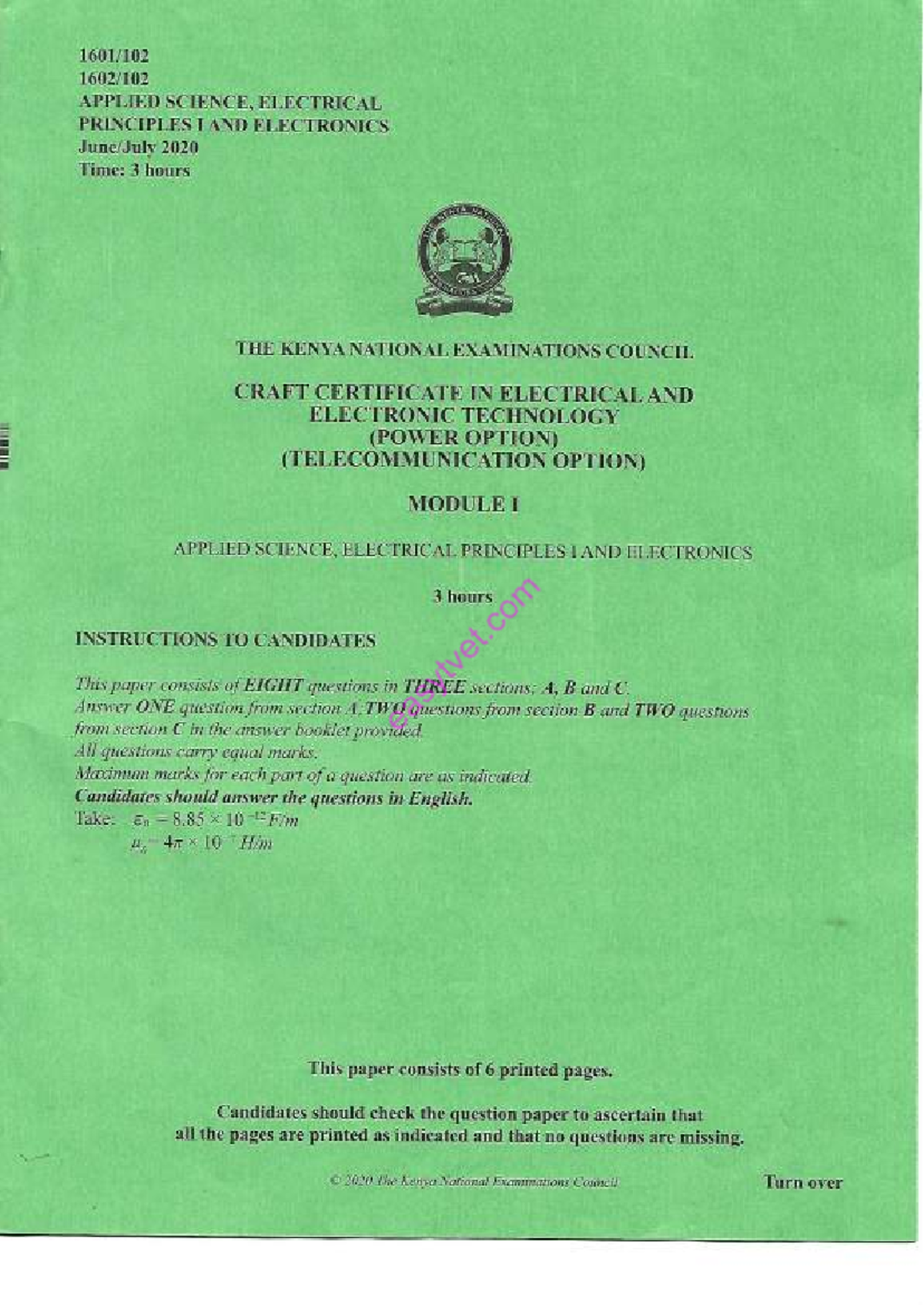 APPLIED SCIENCE: ELECTRICAL PRINCIPLES I & ELECTRONICS 2020 Past Paper ...