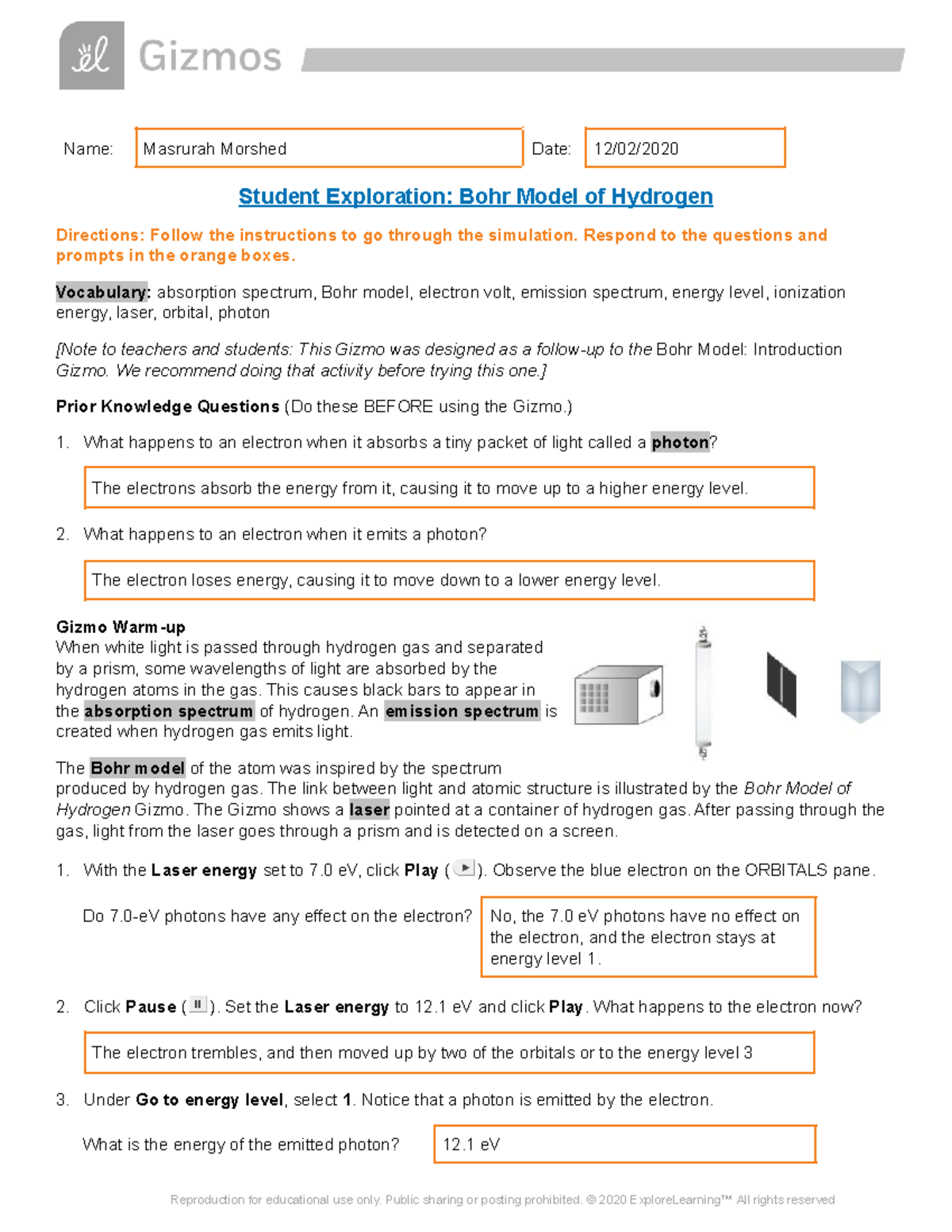 Bohr Model of Hydrogen Exploration - SE - Studocu