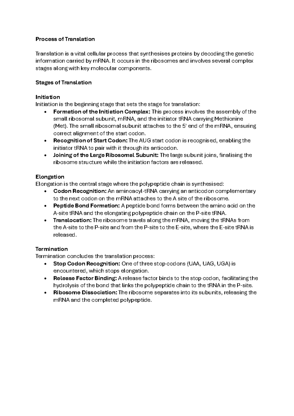 Translation Process and Point Mutations Overview - Studocu