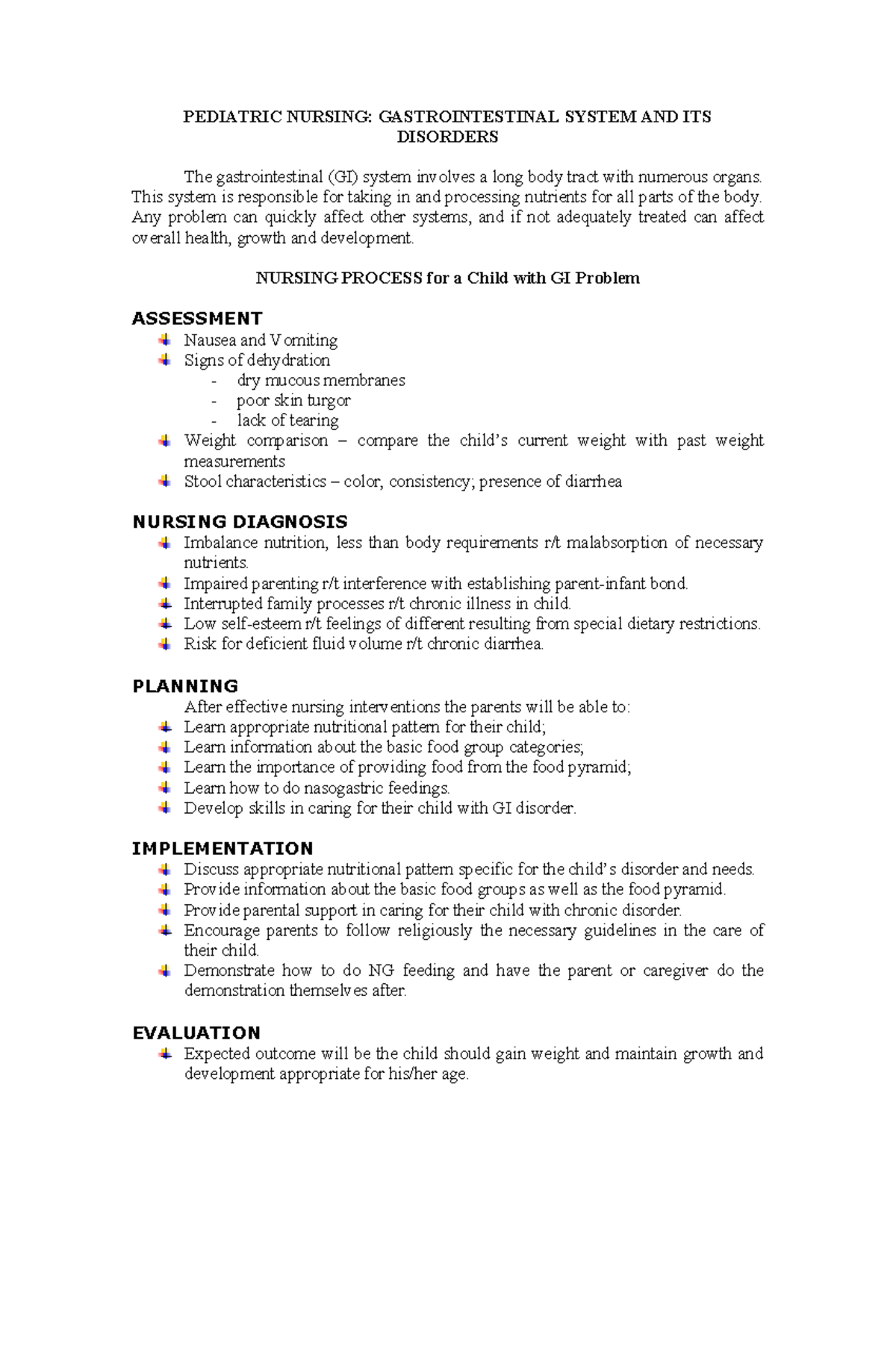 Pediatric Nursing: GI Disorders and Nursing Management (PEDI 101) - Studocu