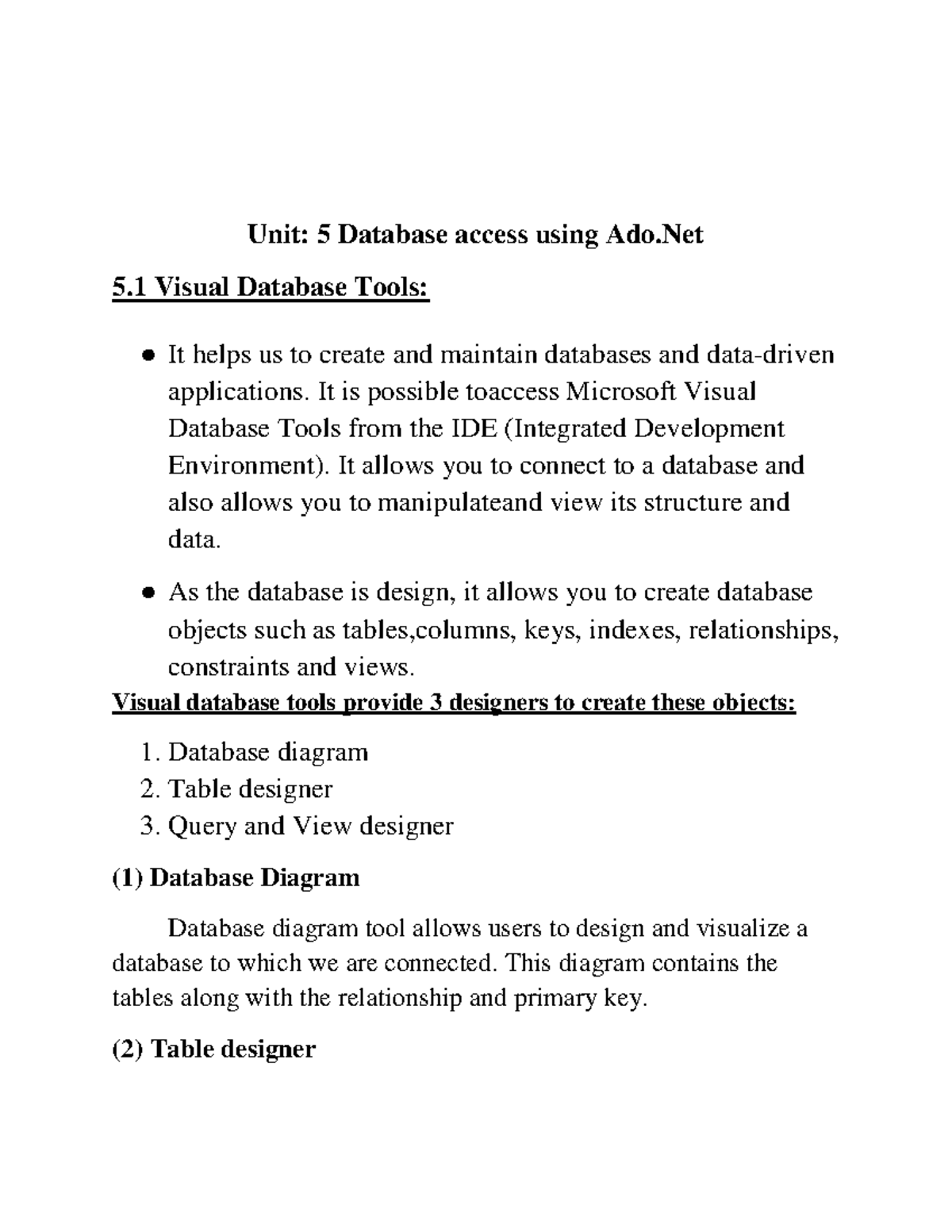 Unit 5 ADO.NET: Database Access and Visual Tools Overview - Studocu