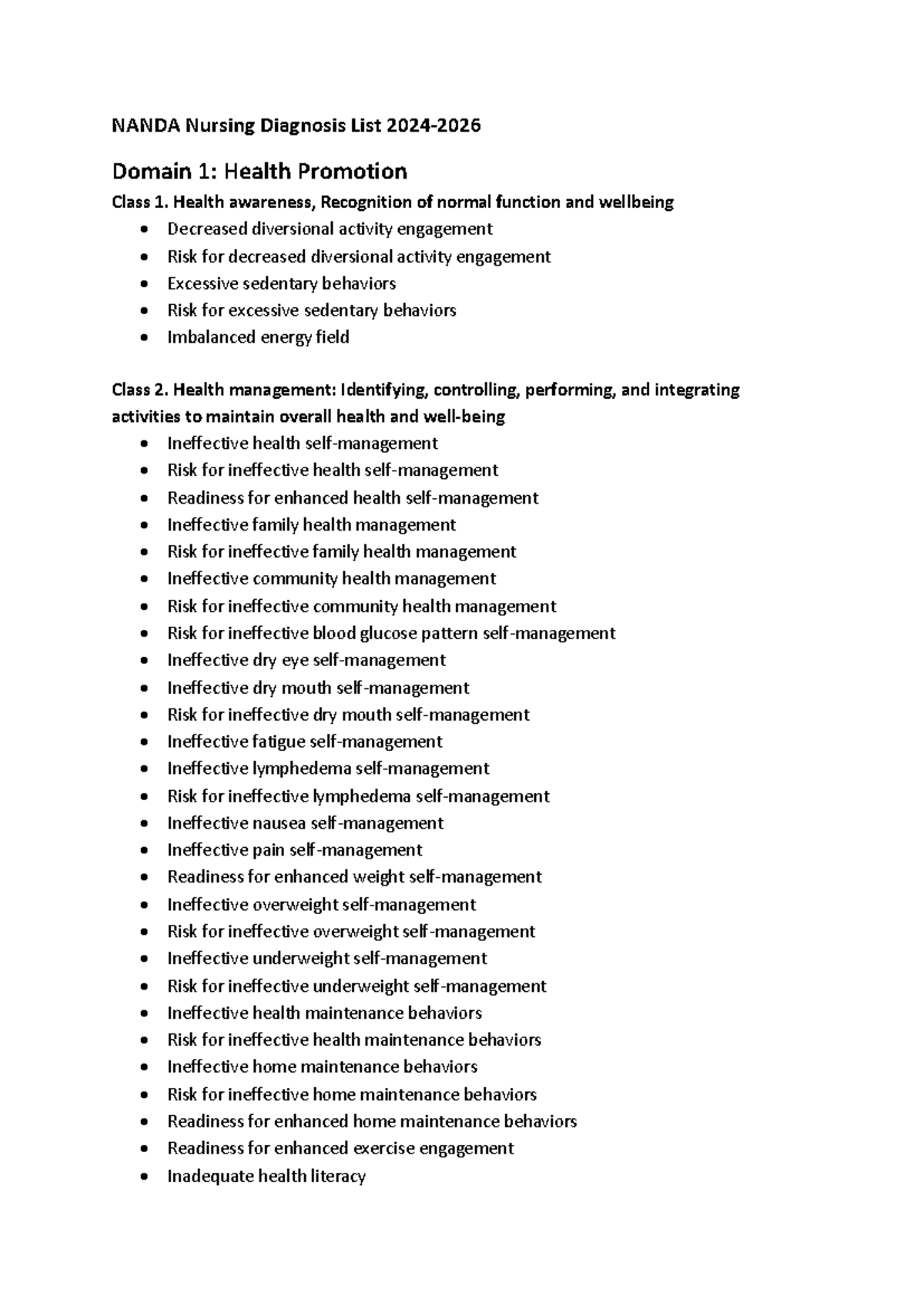 NANDA Nursing Diagnosis List 2024-2026: Health Promotion & Management ...