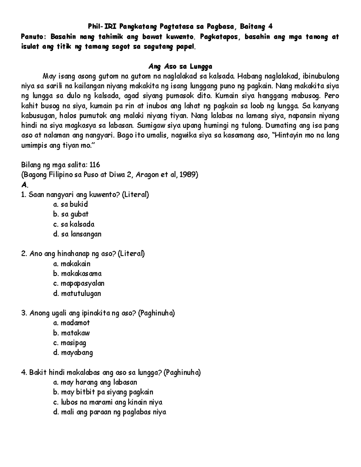 Phil IRI Filipino Assessment for Grade 4: Reading Comprehension - Studocu