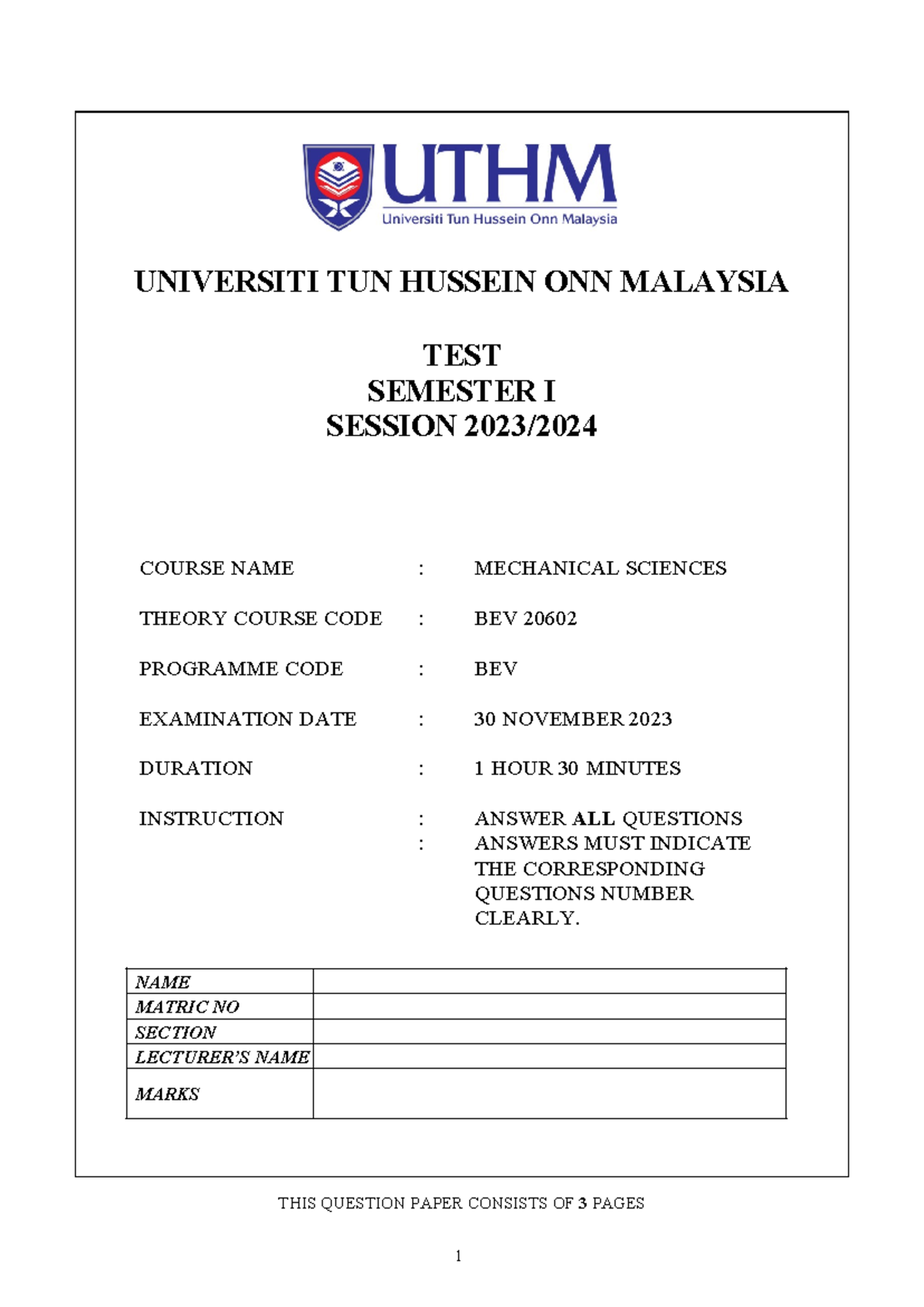 BEV 20602 Test 1: Mechanical Sciences Theory Exam 2023 - Studocu
