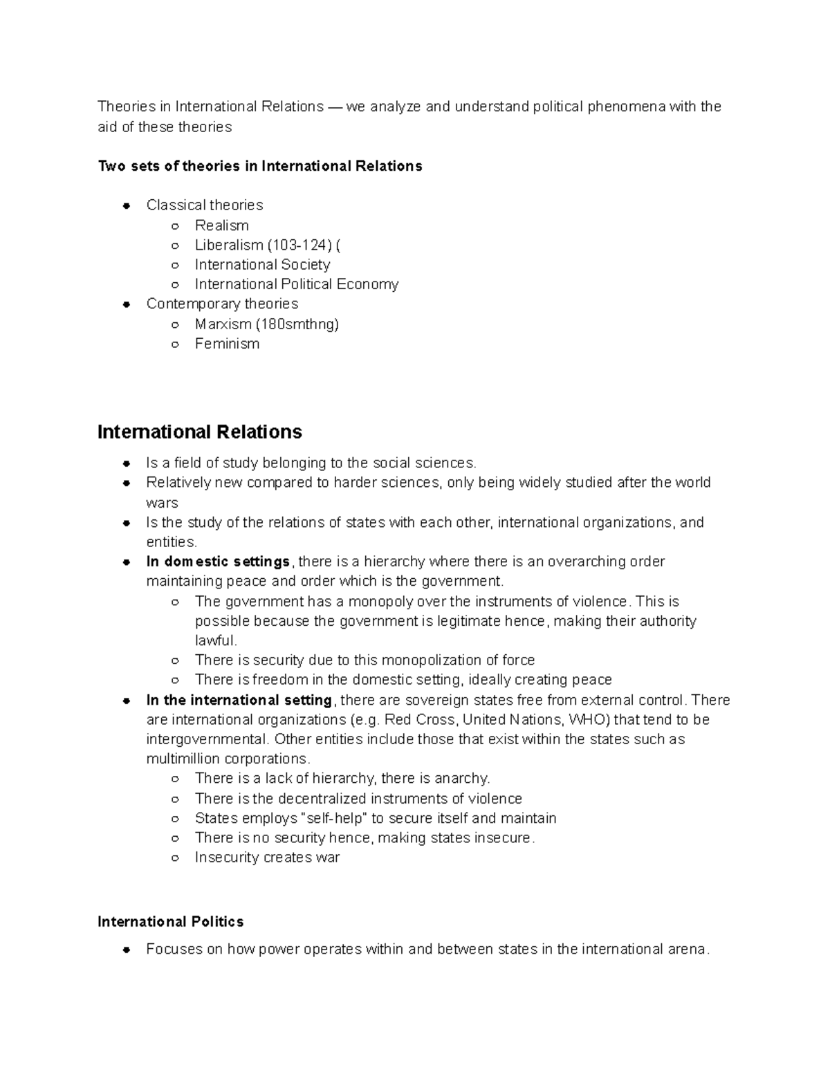 IR 101: Realism Theories from Lecture Notes - Studocu