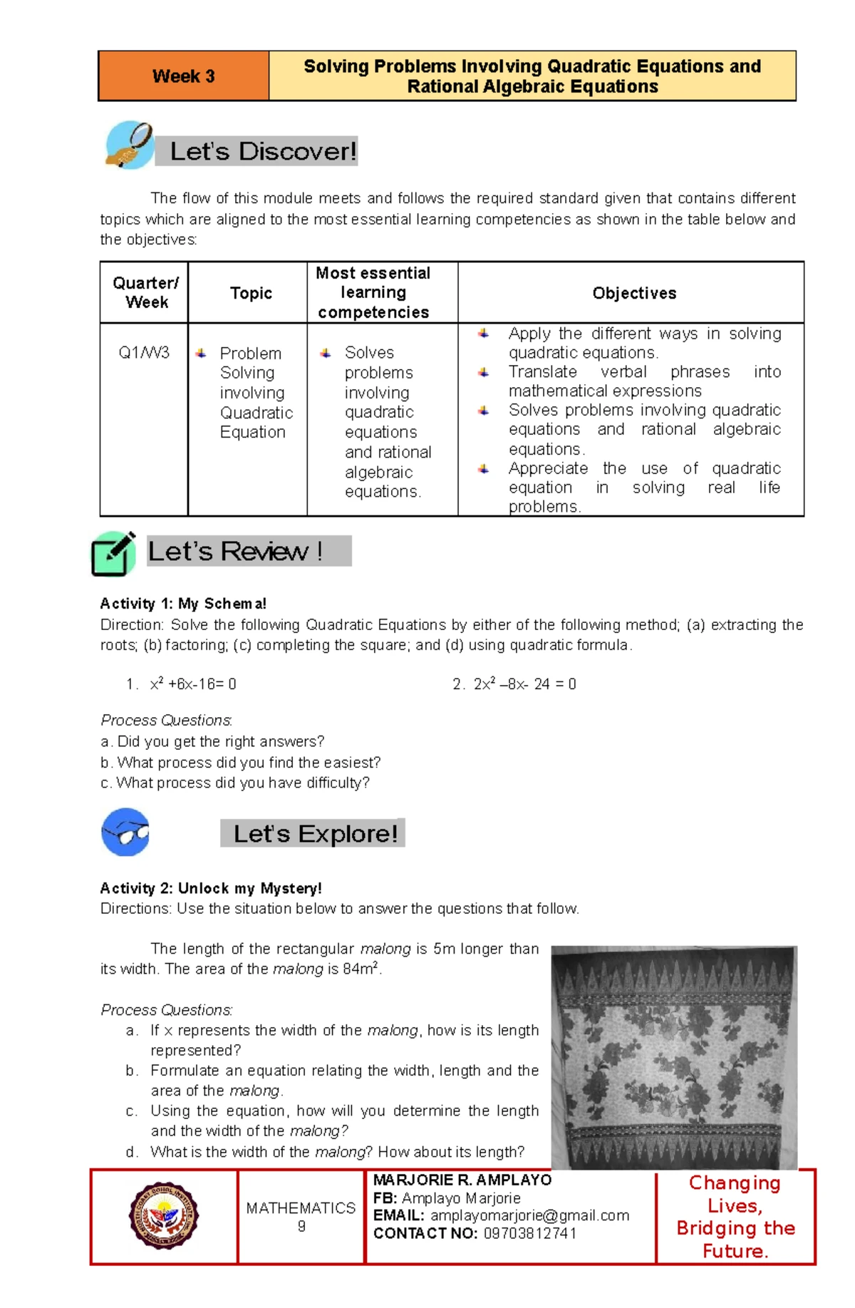 Math 9 week 3 - math module - Week 3 Solving Problems Involving ...