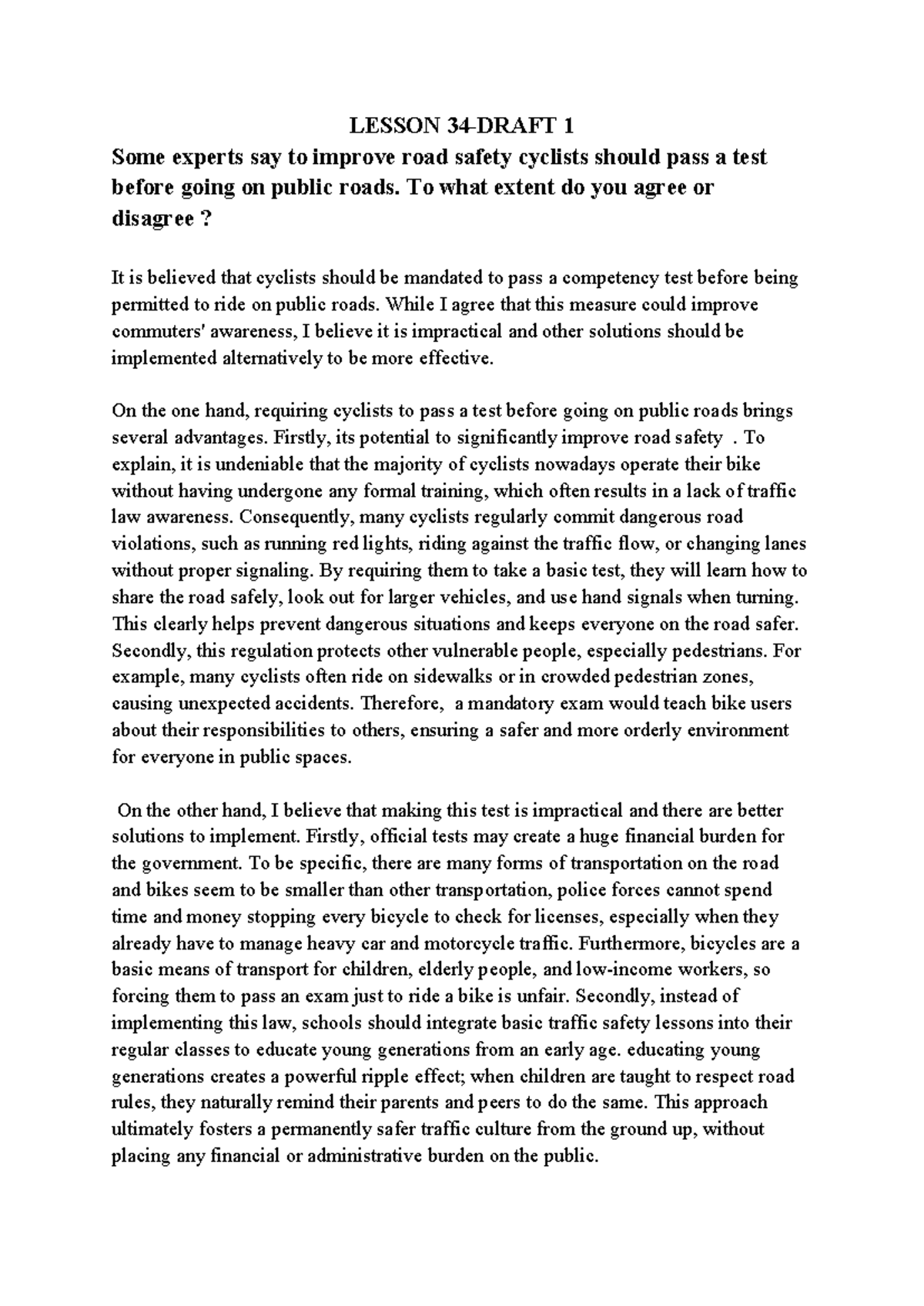 IELTS Part 2 Writing: Should Cyclists Pass a Road Safety Test? - Studocu