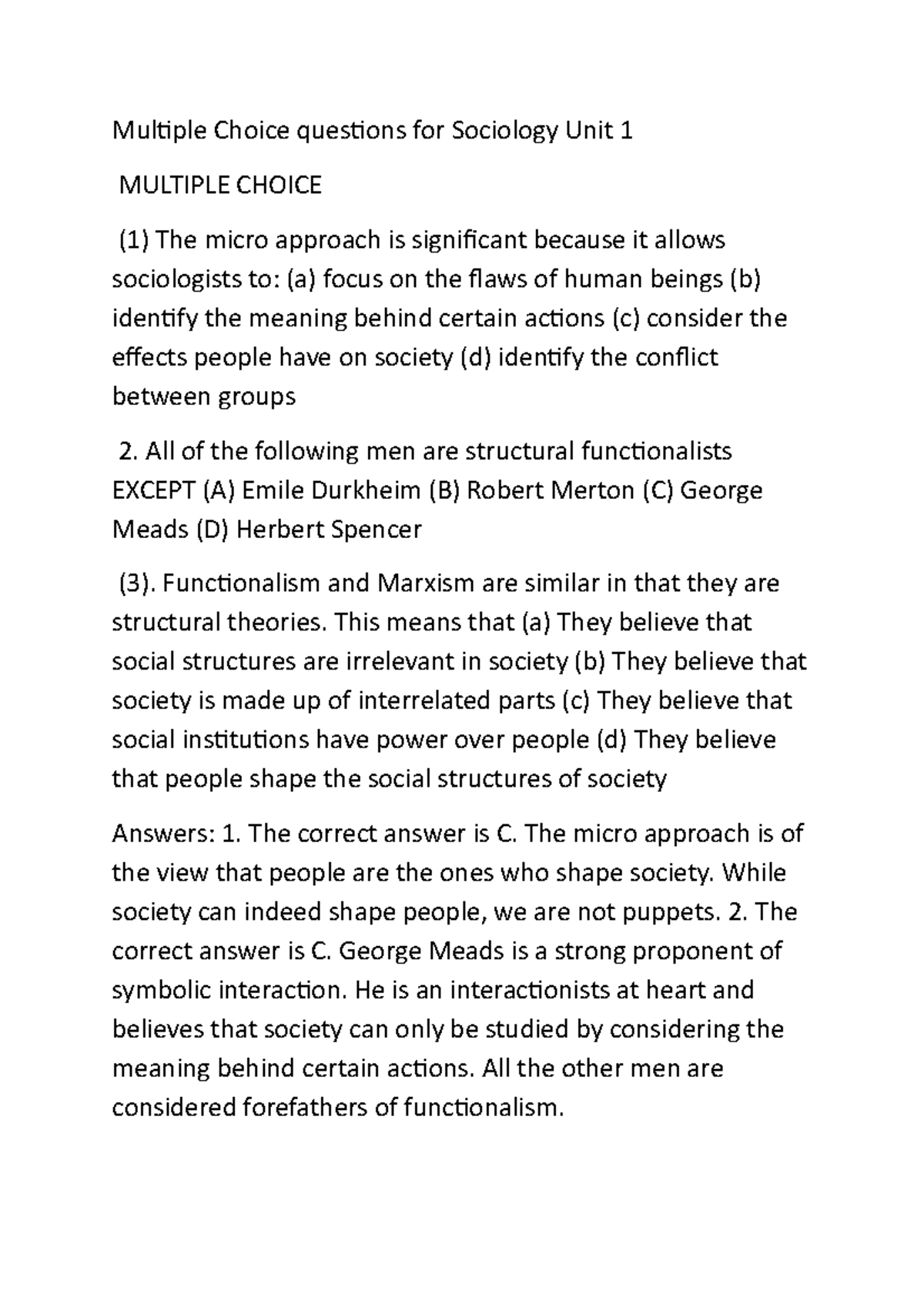 Sociology Unit 1: Multiple Choice Questions & Answers Guide - Studocu