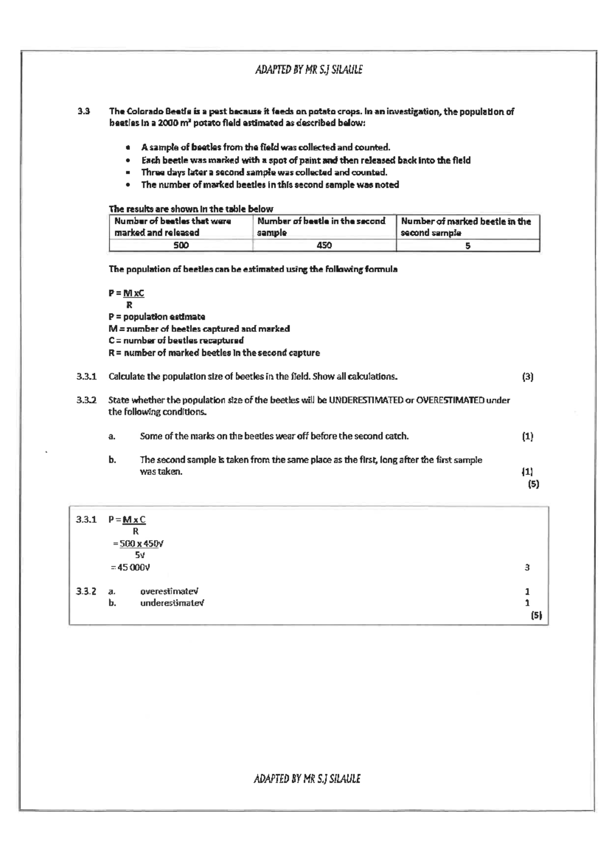 Population Ecology Questions and Memo (Adapted MR S.J SILAULE) - Studocu