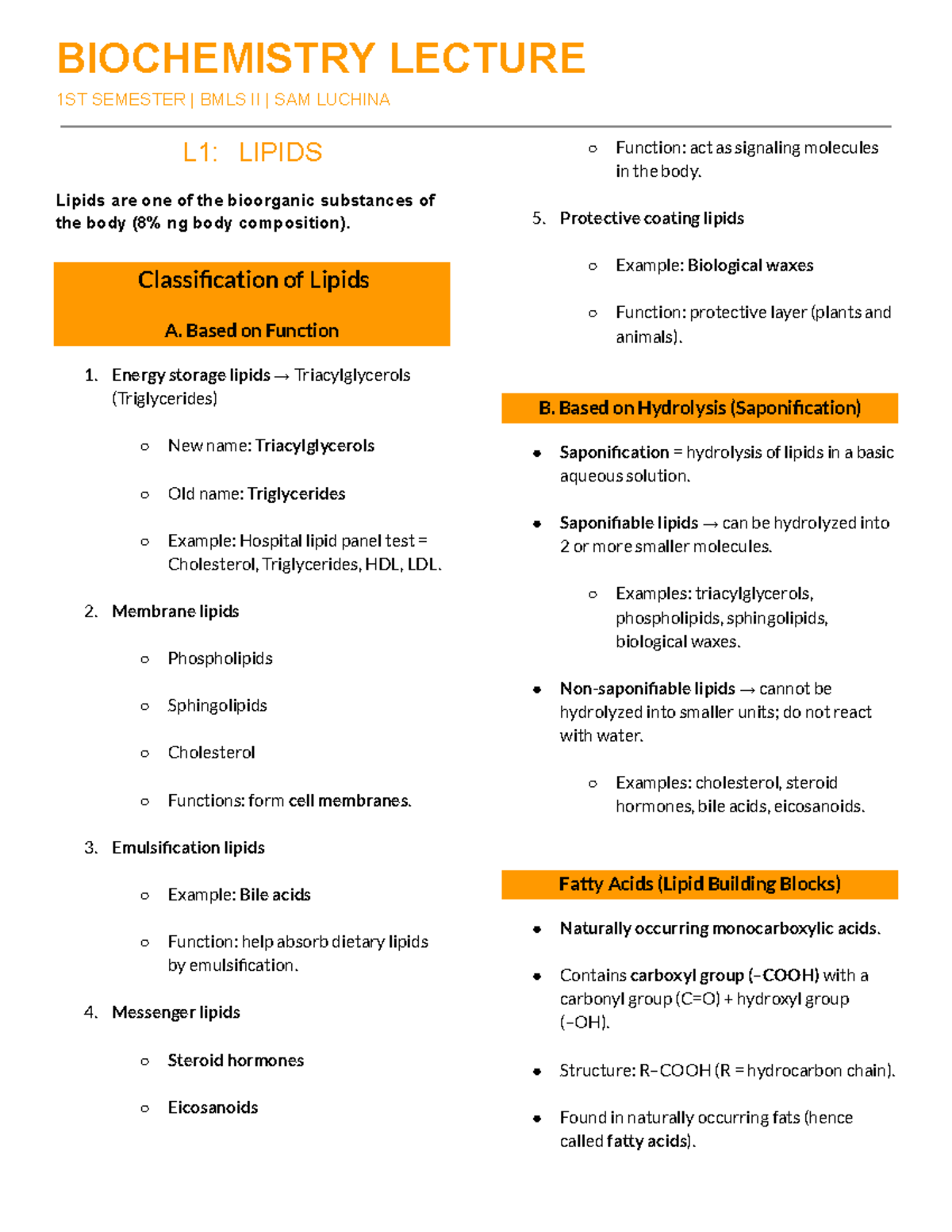 BIOCHEMISTRY LECTURE 1ST SEMESTER BMLS II: LIPIDS OVERVIEW - Studocu