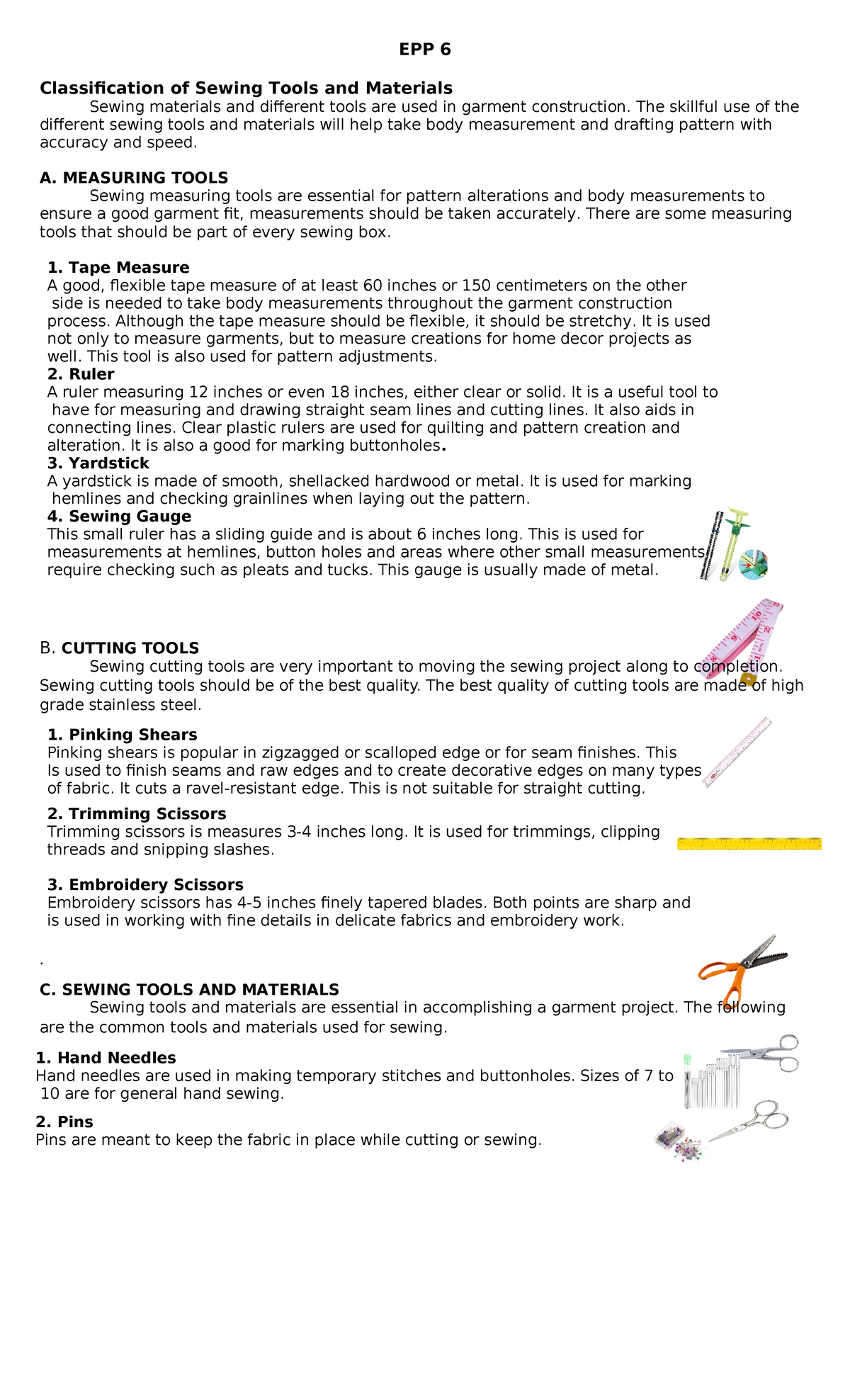 EPP-6: Comprehensive Notes on Sewing Tools and Project Planning - Studocu